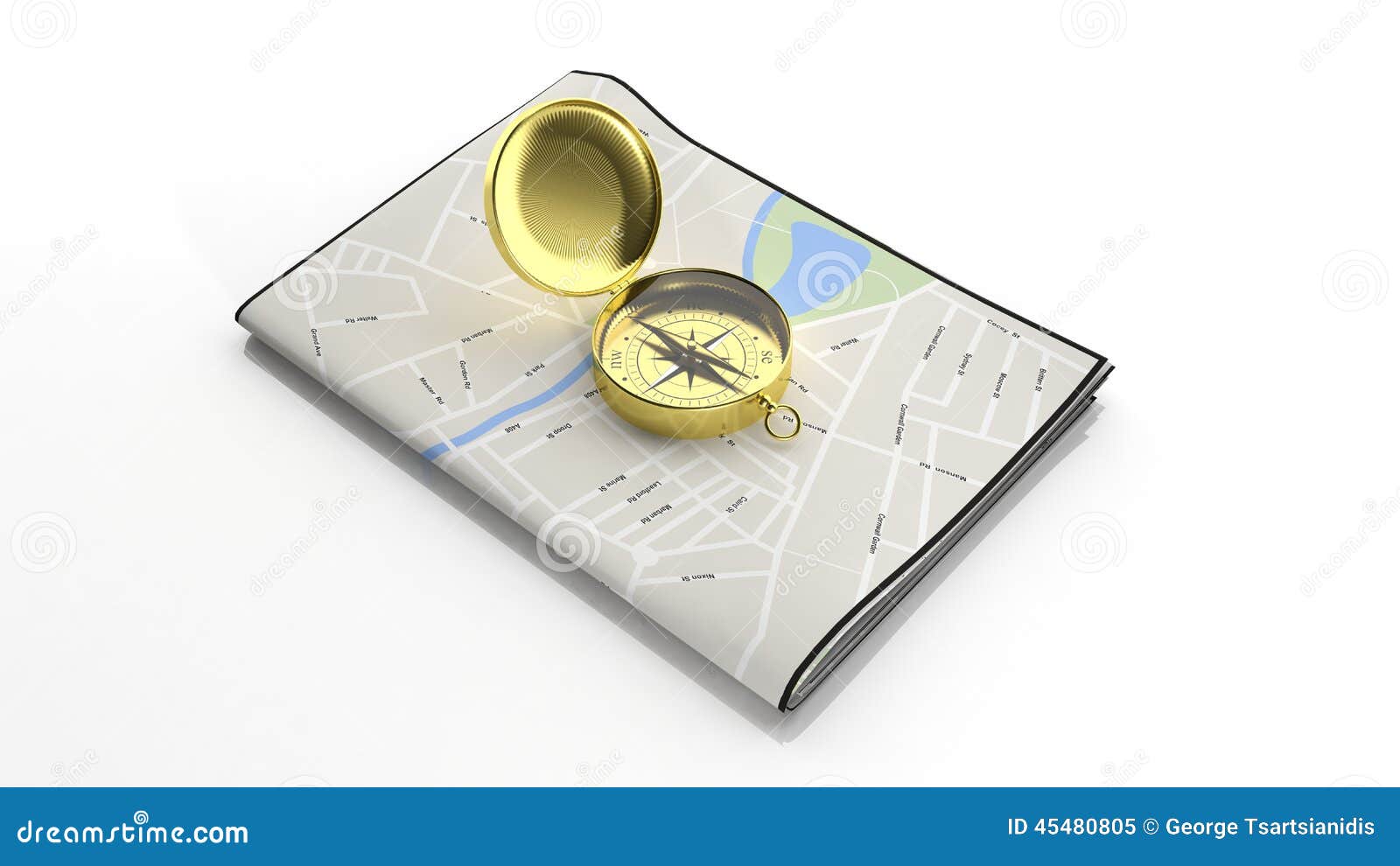 Paper Map with 3D Golden Compass Stock Illustration - Illustration of ...