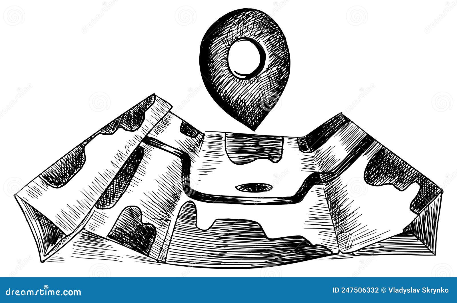 Paper Map with Marker in Sketch Style on White Isolate. Stock Vector ...