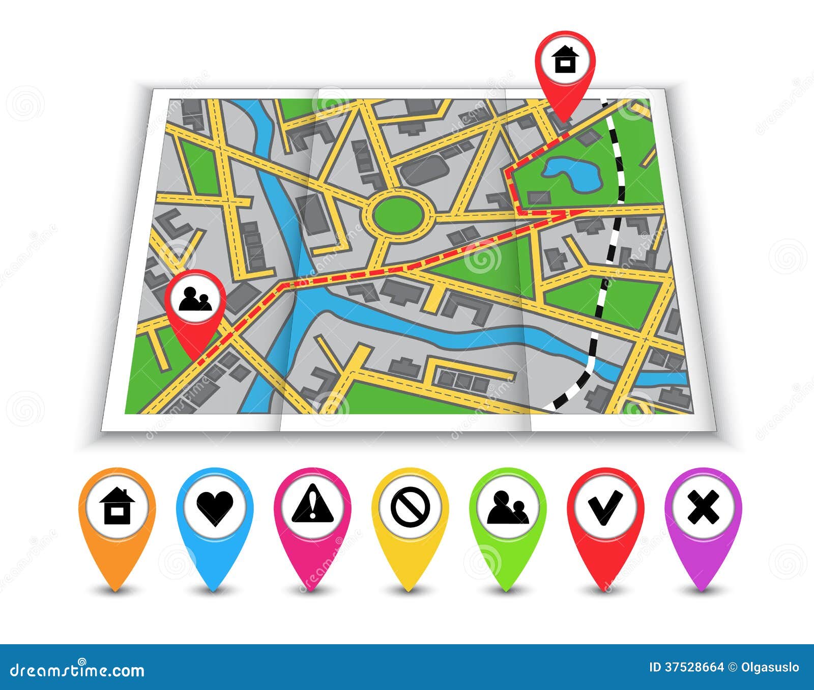 Paper Maps, Icons And Distance Marked In Red Stock Photography ...