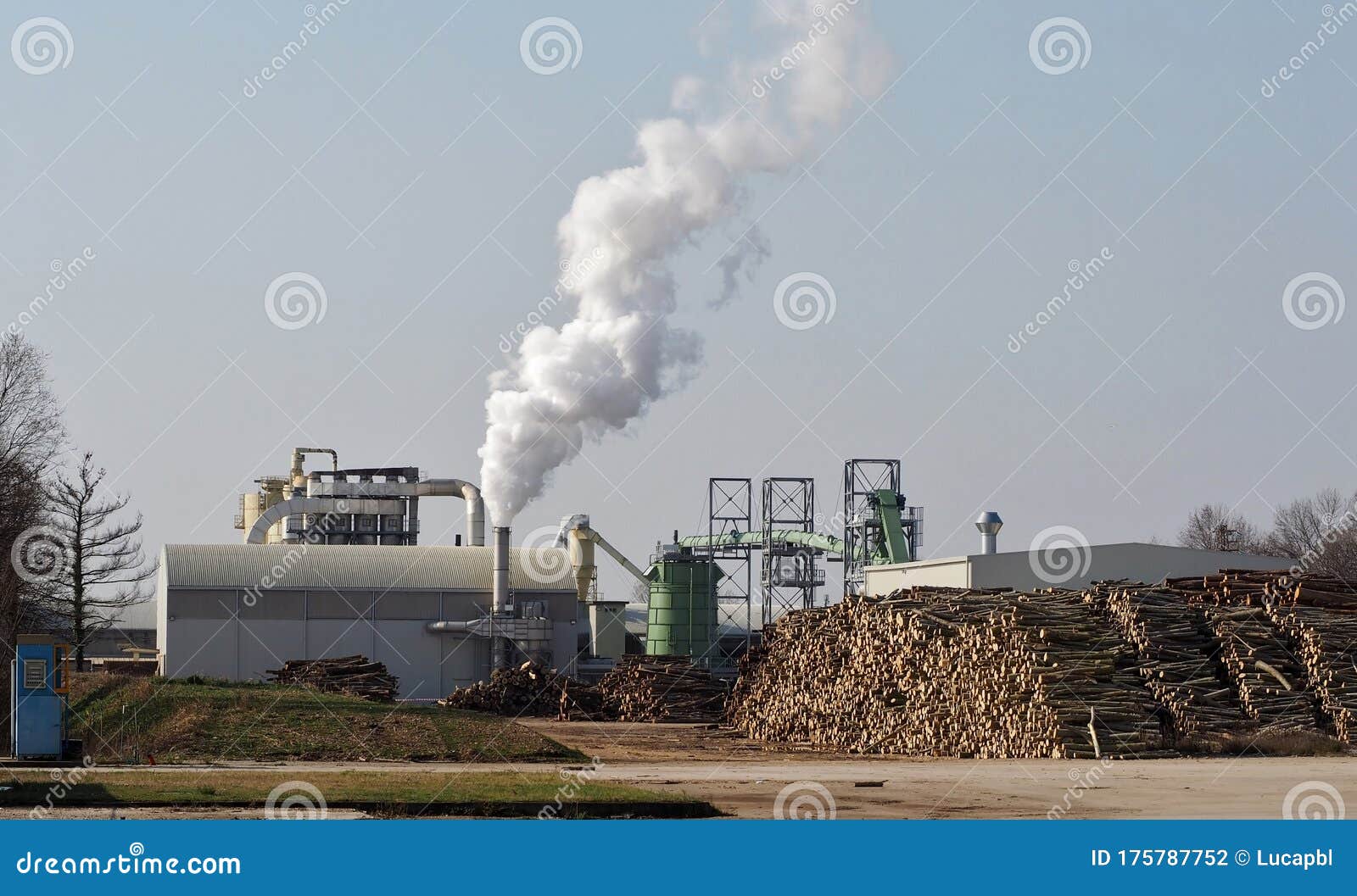Paper Mill with Steaming Chimney and Large Stacks of Whole Tree Trunks ...