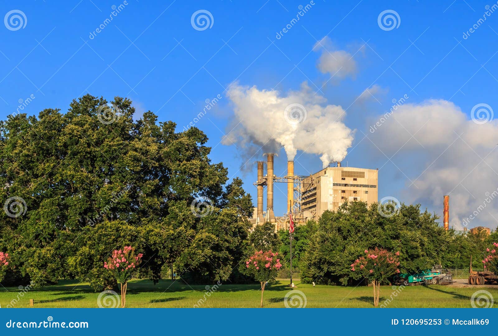 Paper Mill with Tree Grove Foreground Stock Image - Image of smoke ...