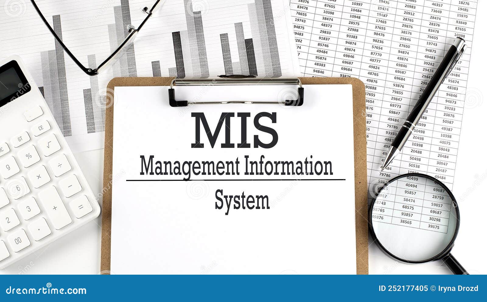 Paper with MIS on a Chart with Calculator,pen and Magnifier Stock Image ...