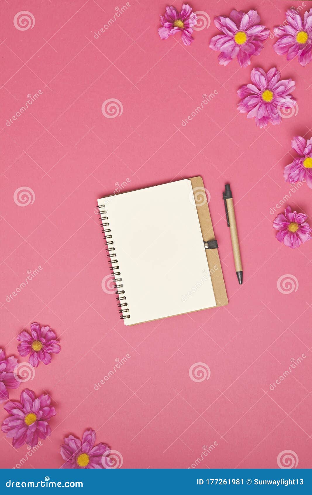 Paper Note with Flowers on Pink Background. Top View. Stock Image ...