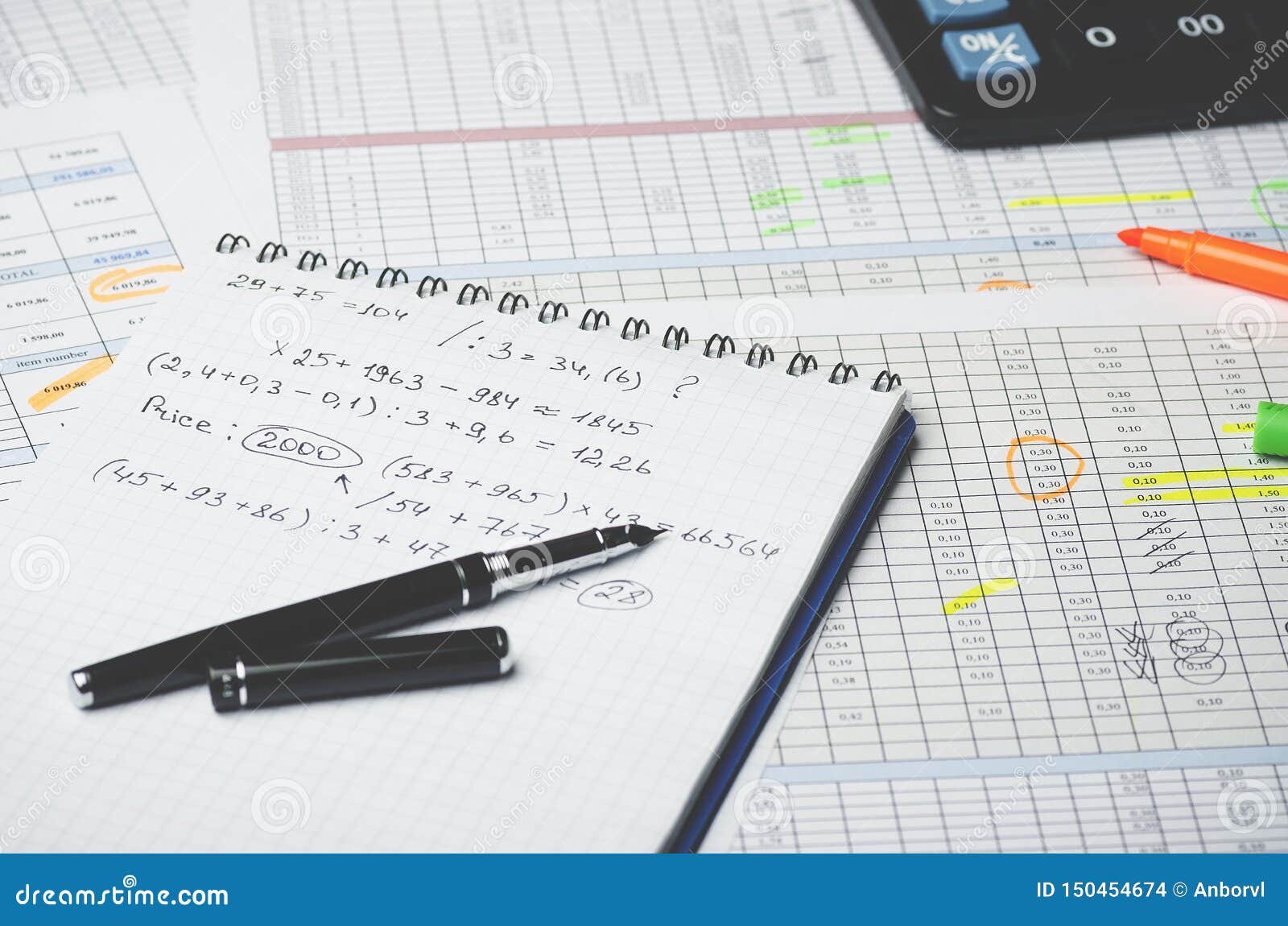 Paper Notebook with Accounting Calculations and Pen on the Background ...