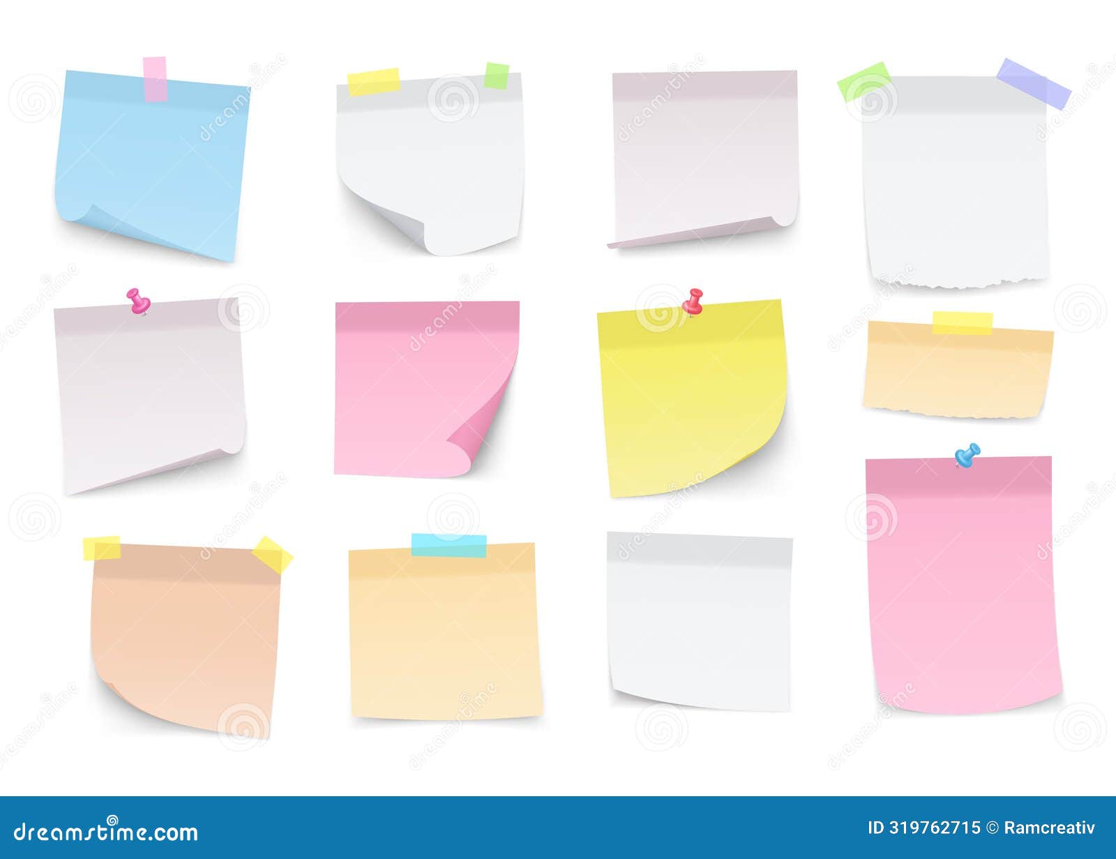 Paper Notes with Curved Corners. Blank Sticky Sheets of Paper, Notepad ...