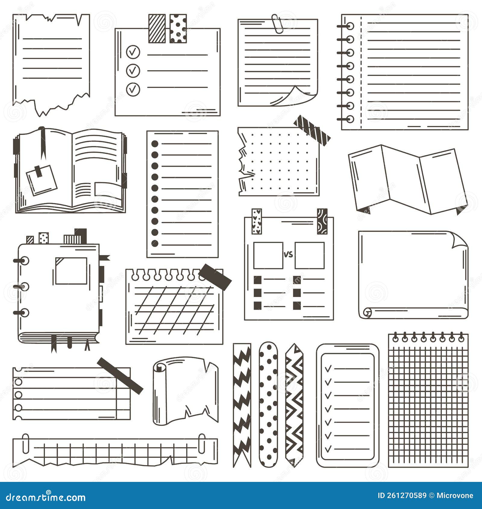 Paper Notes Doodle Set. Sketching Diary or Planner Elements. Journal ...