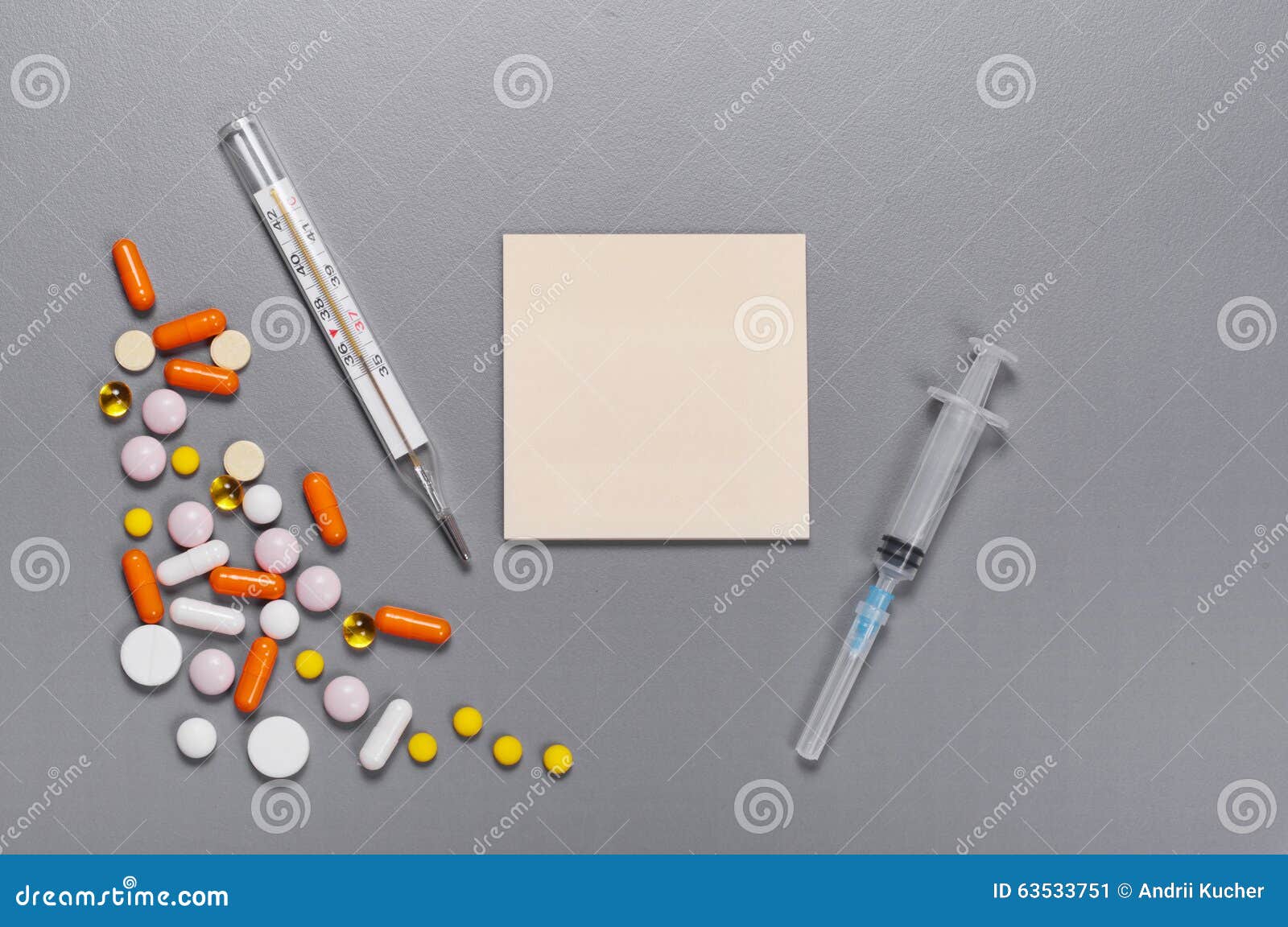 Paper for Notes with a Pills, Capsules, Thermometer and Syringe Stock ...
