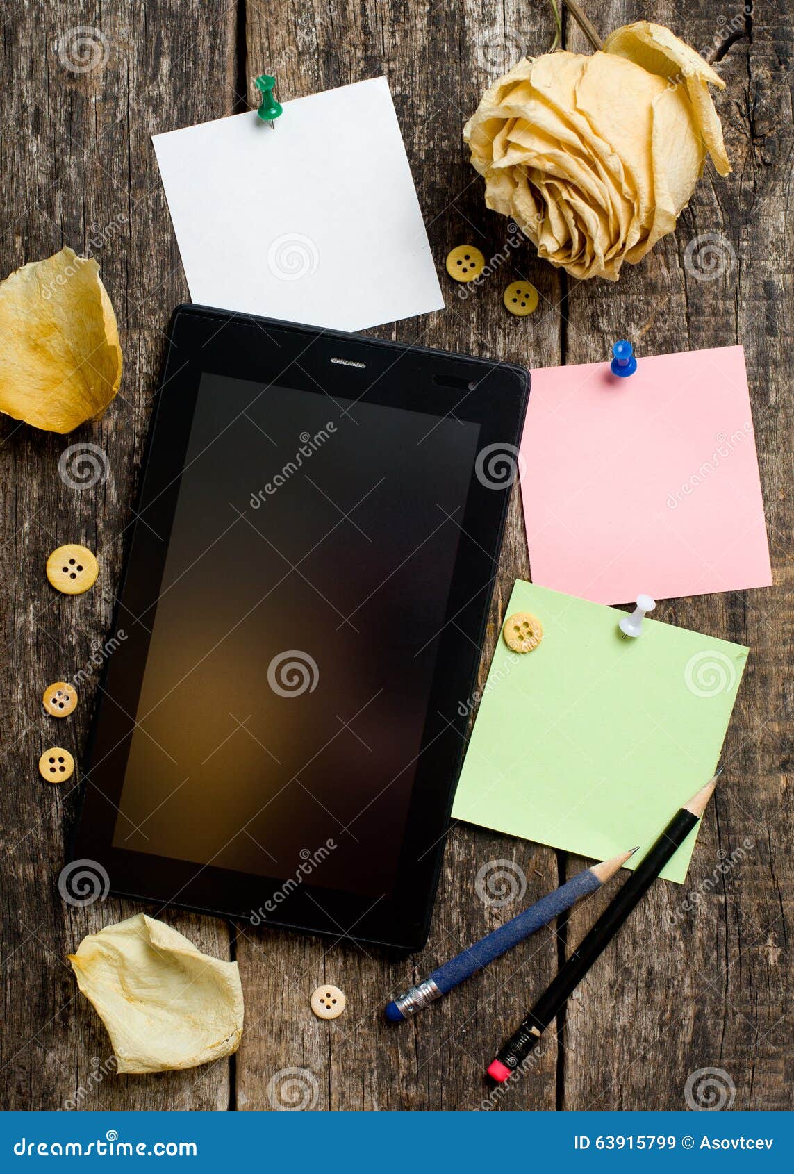 Paper Notes and Table Stuff on the Wooden Surface Stock Image - Image ...