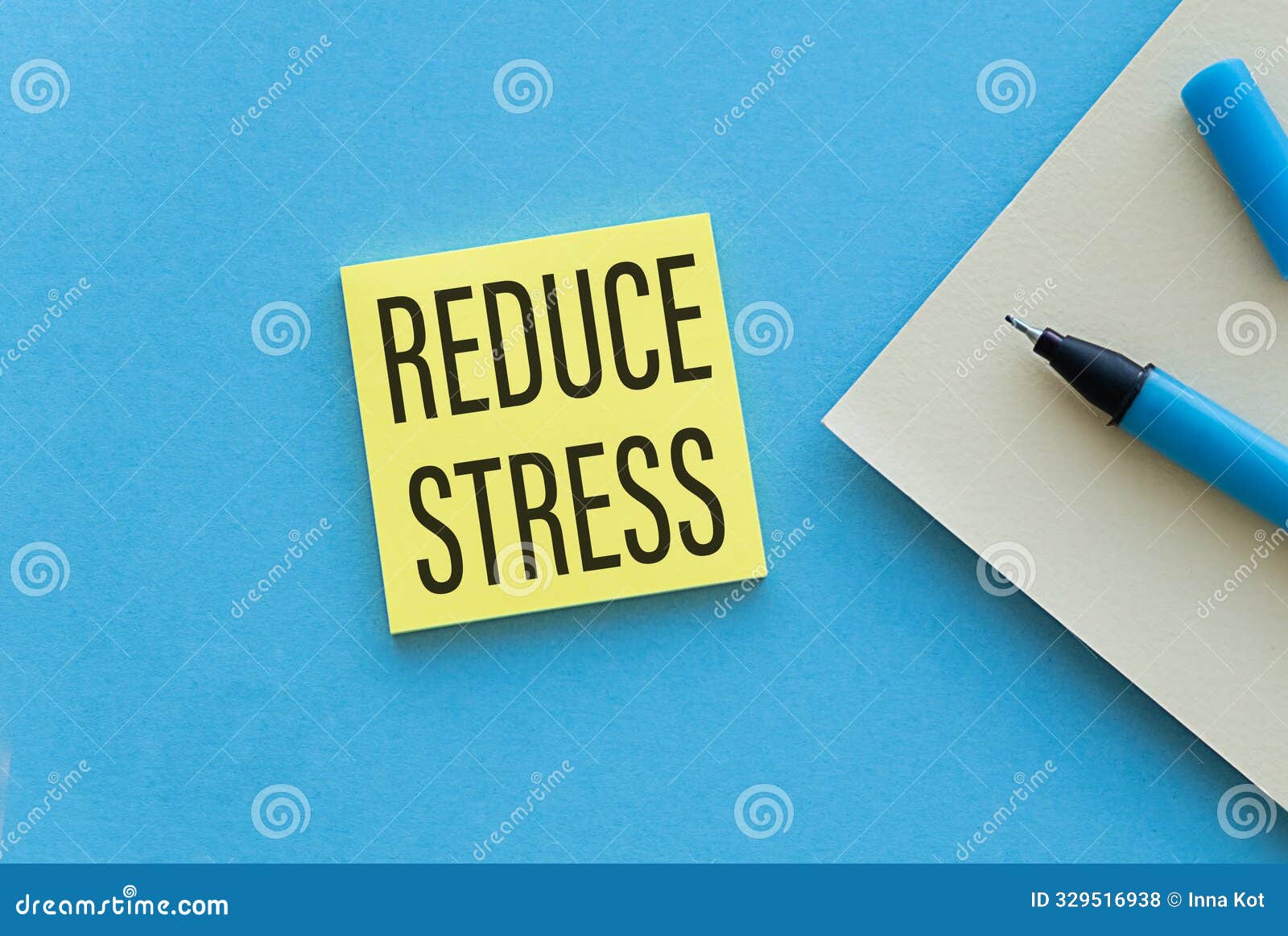 Paper Notes with the Words Reduce Stress on Yellow Sticky on Blue Table ...