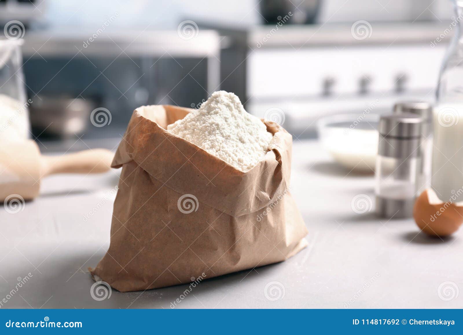 Paper Package with Flour on Table Stock Photo - Image of powder, heap ...