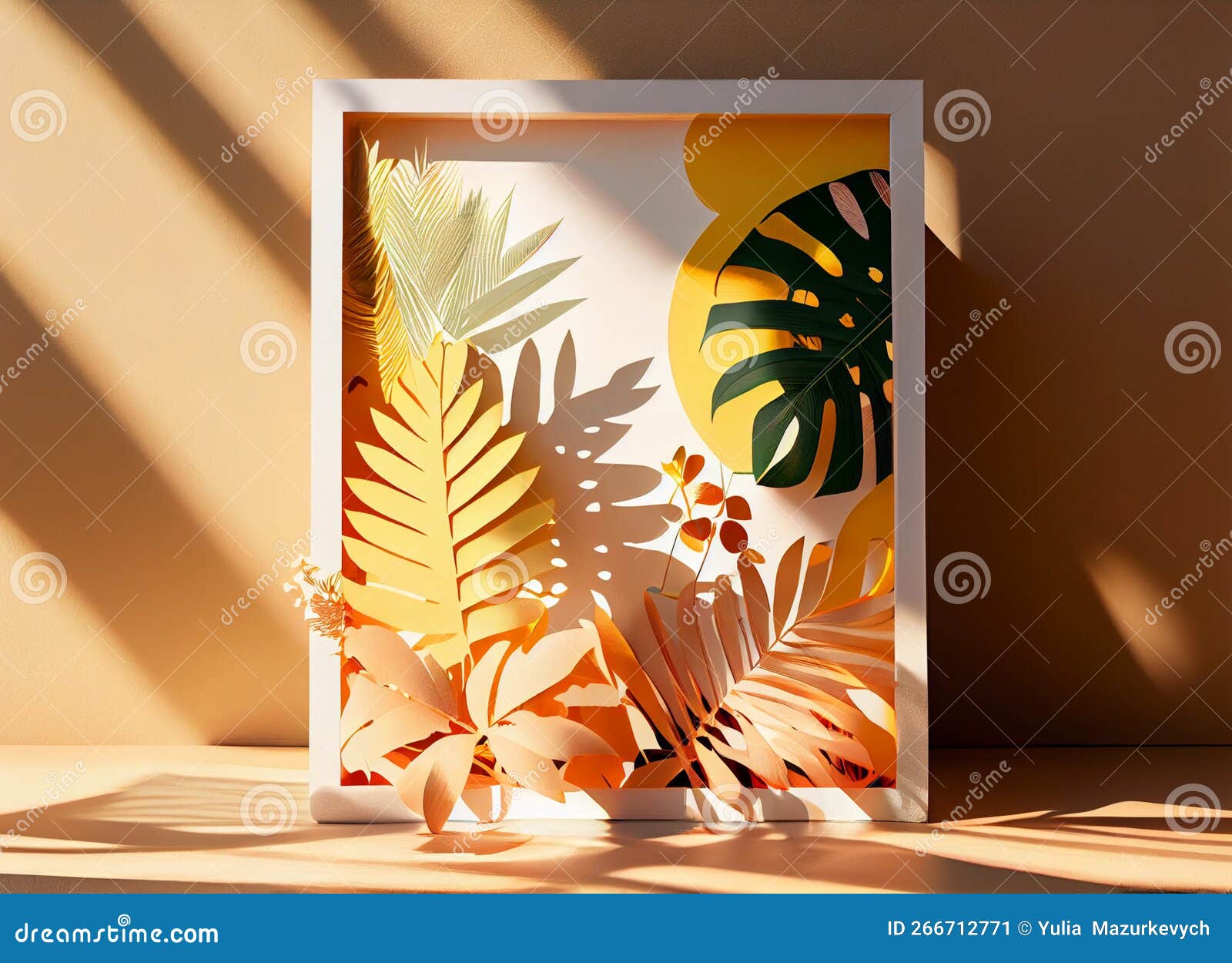 Paper Palm Leaves with Frame , 3d Render Stock Illustration ...
