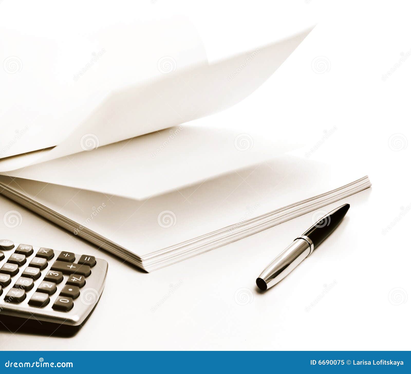 Paper, pen and calculator stock image. Image of pile, notebook - 6690075