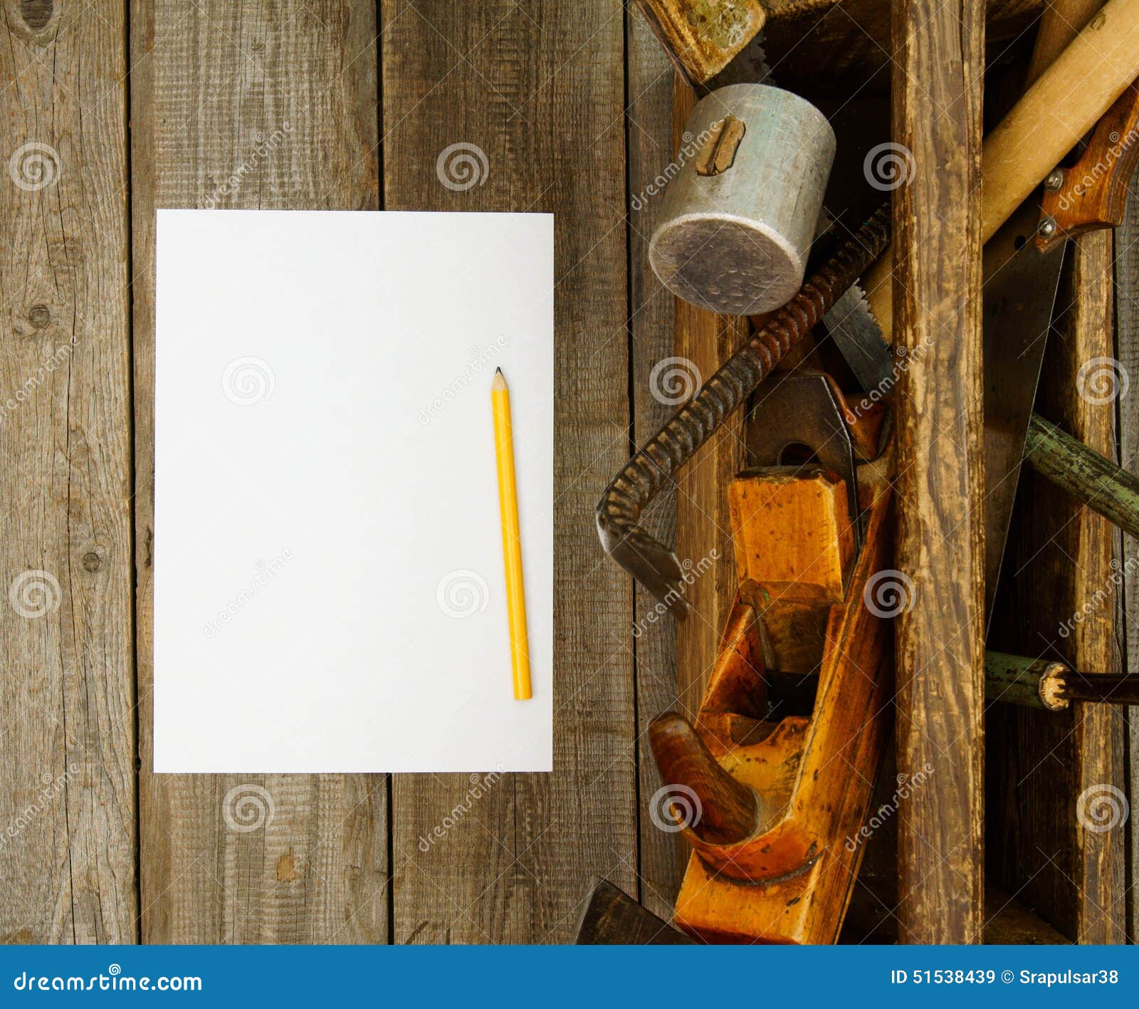 Paper with Pencil and Old Tools in Box on Wooden Stock Image - Image of ...