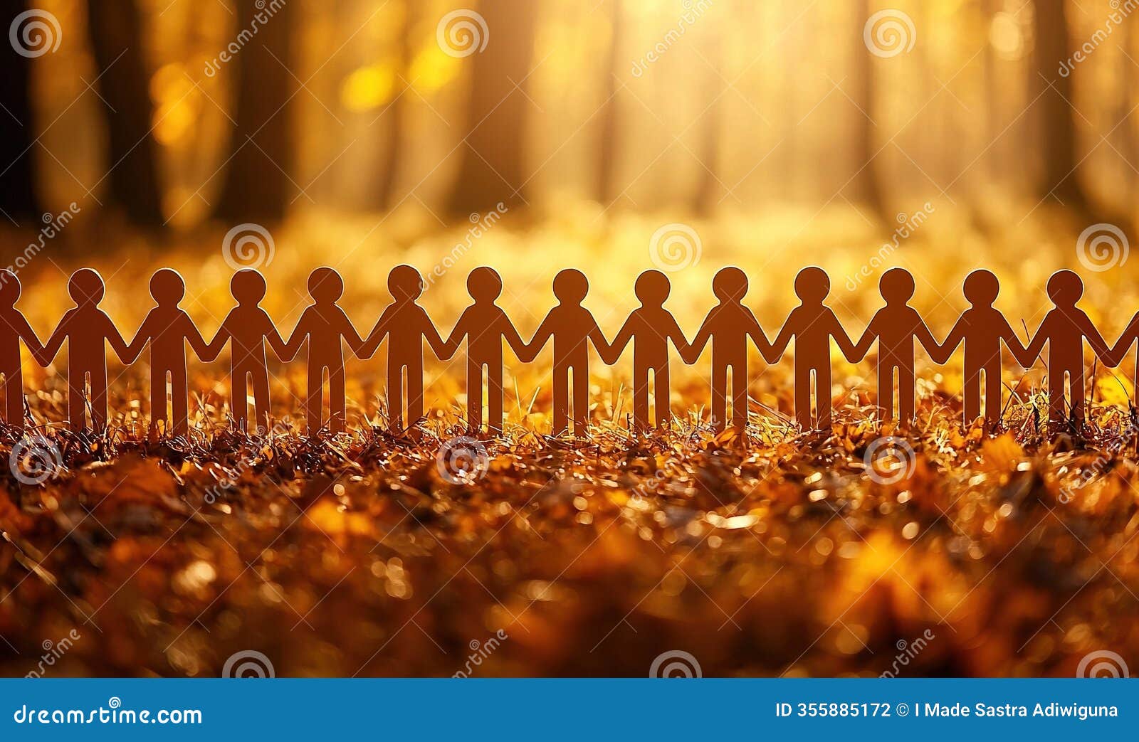 Paper People Chain Holding Hands in Autumn Forest at Sunset, Teamwork ...