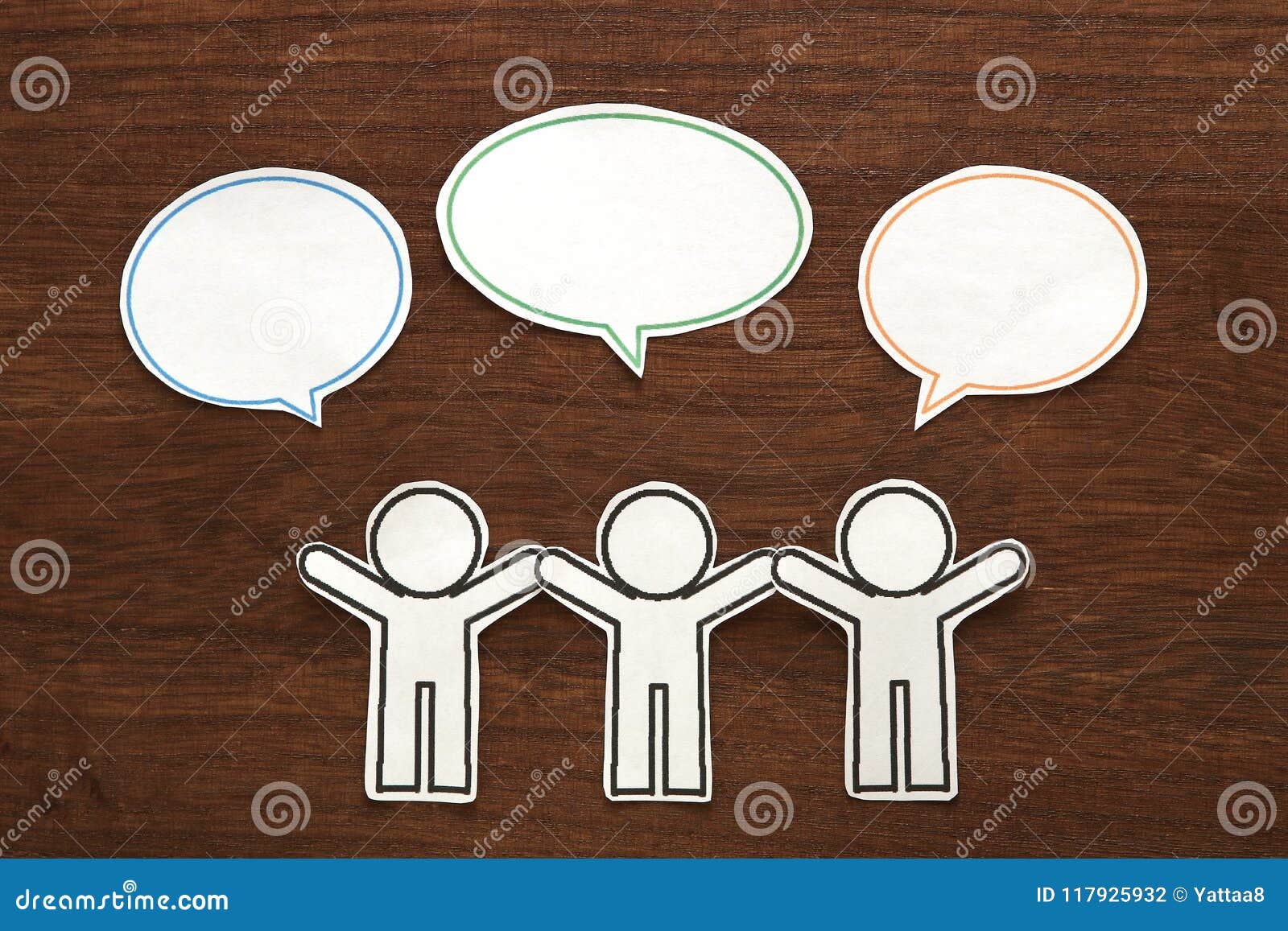 Paper People with Colorful Blank Dialog Speech Bubbles on Brown Wood ... Paper People with Colorful Blank Dialog Speech Bubbles on Brown Wood ...