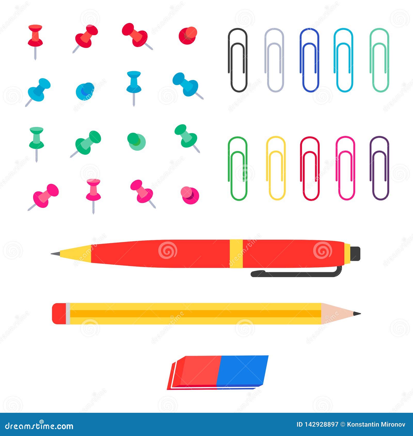Office Multi Colored Paper Pins, Paper Clips, Pen, Pencil and Eraser ...