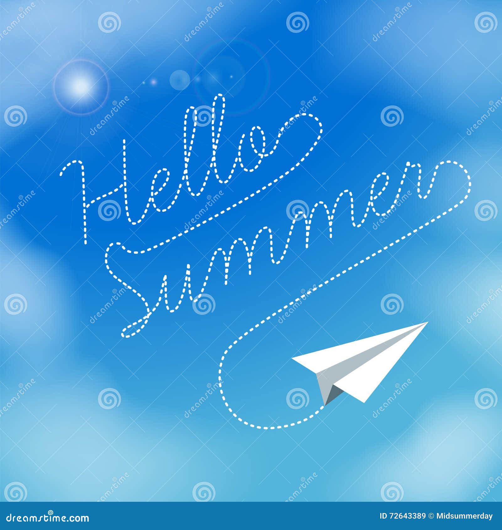 Paper Plane in a Blue Sky with Clouds. Hello Summer Text. Vector ...
