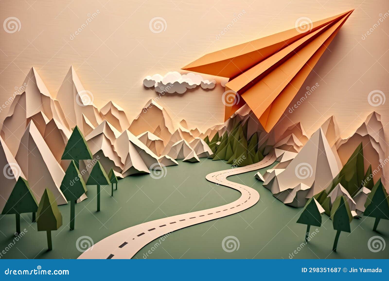 Paper Plane Flying Over Mountain and Forest, Paper Art and Craft Style ...
