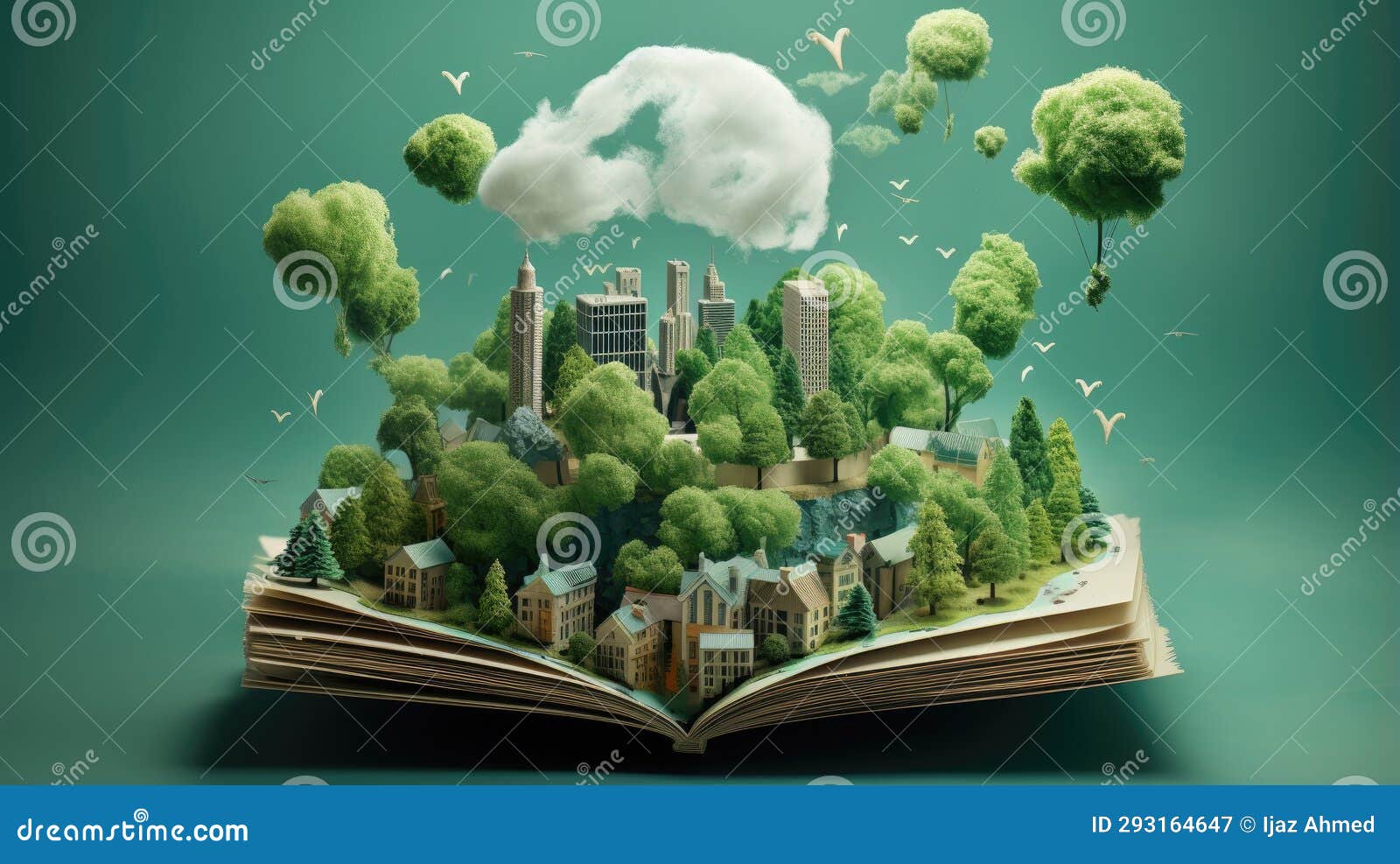 Paper Planet Inside Book with Trees and Houses in the Background Stock ...