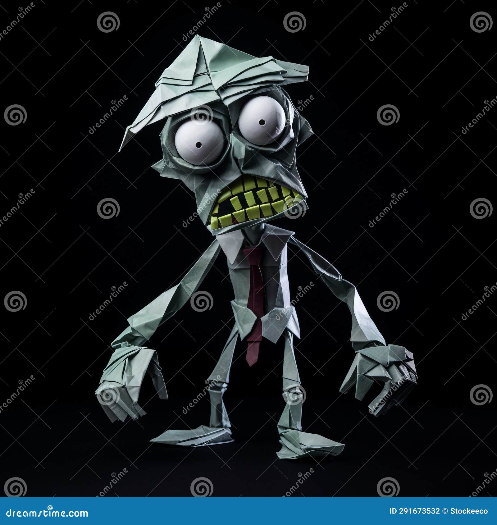 Surreal Cartoon Origami Zombie with Bent Arms and Tie Stock ...