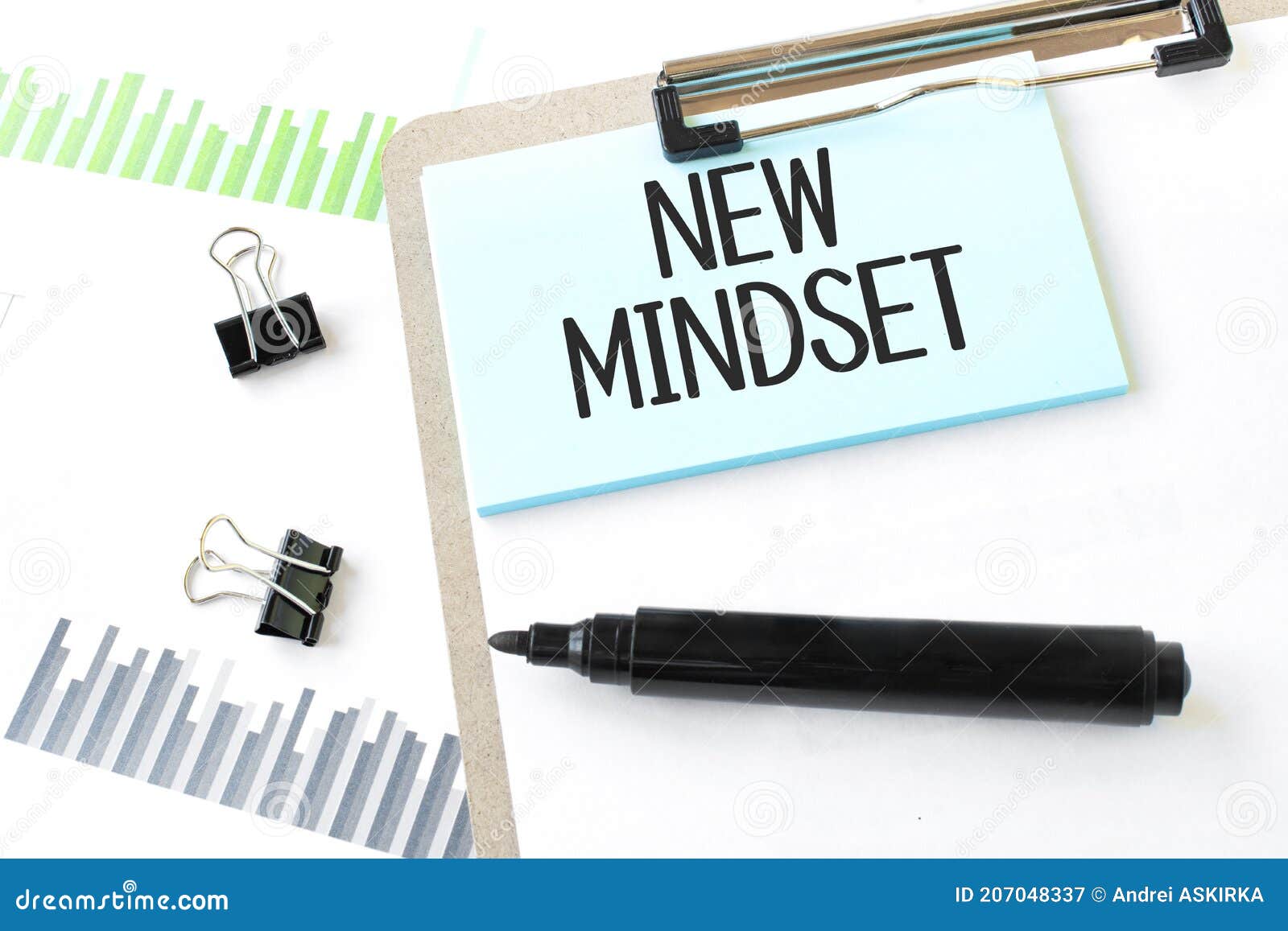 Paper Plate,marker, Diagram,chart and Office Tools. Text NEW MINDSET ...