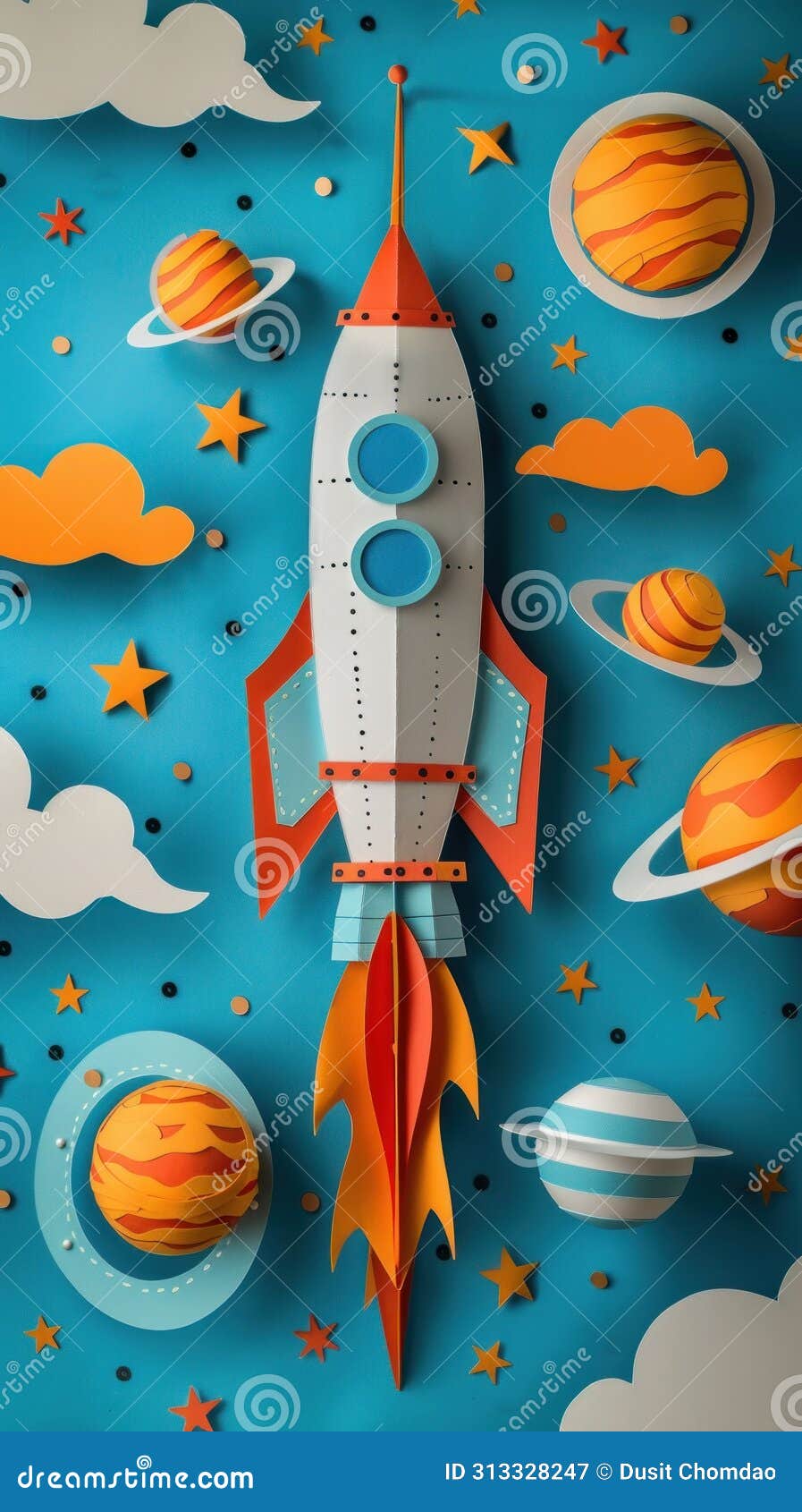 A Paper Rocket is Flying through Space with Planets and Stars ...