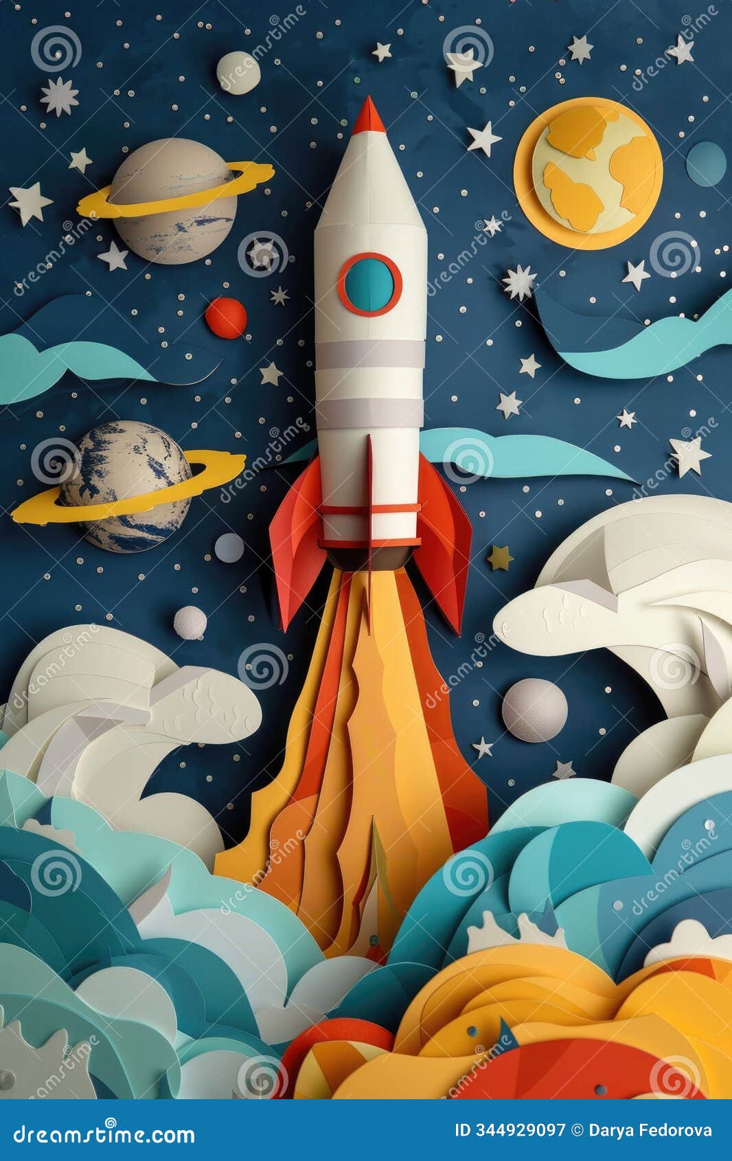 Paper Rocket Launching In A Starry Night Sky With Mountains And Moon ...