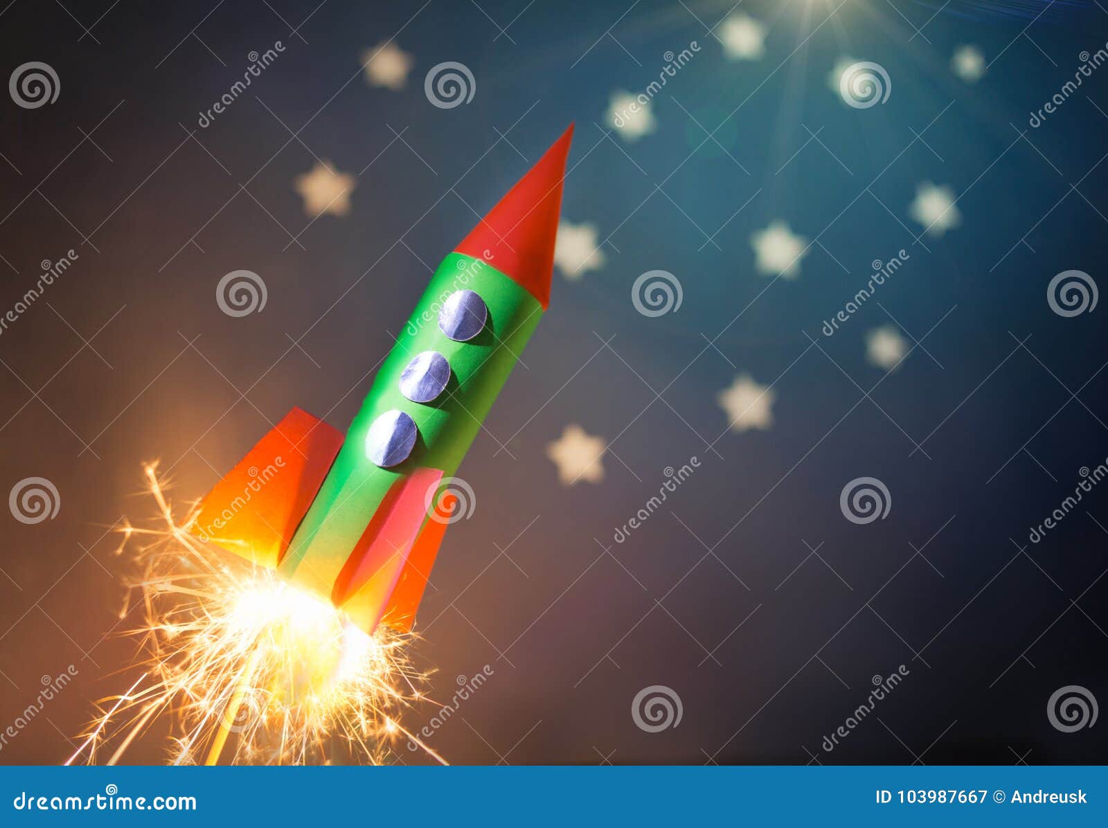 Paper Rocket Launching In A Starry Night Sky With Mountains And Moon ...