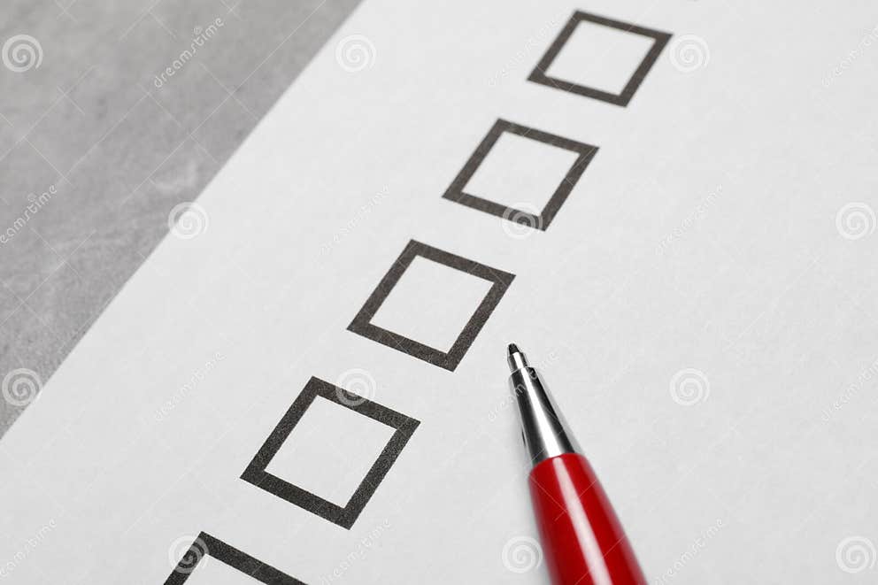 Paper Sheet with Checkboxes and Pen on Light Grey Table, Closeup ...