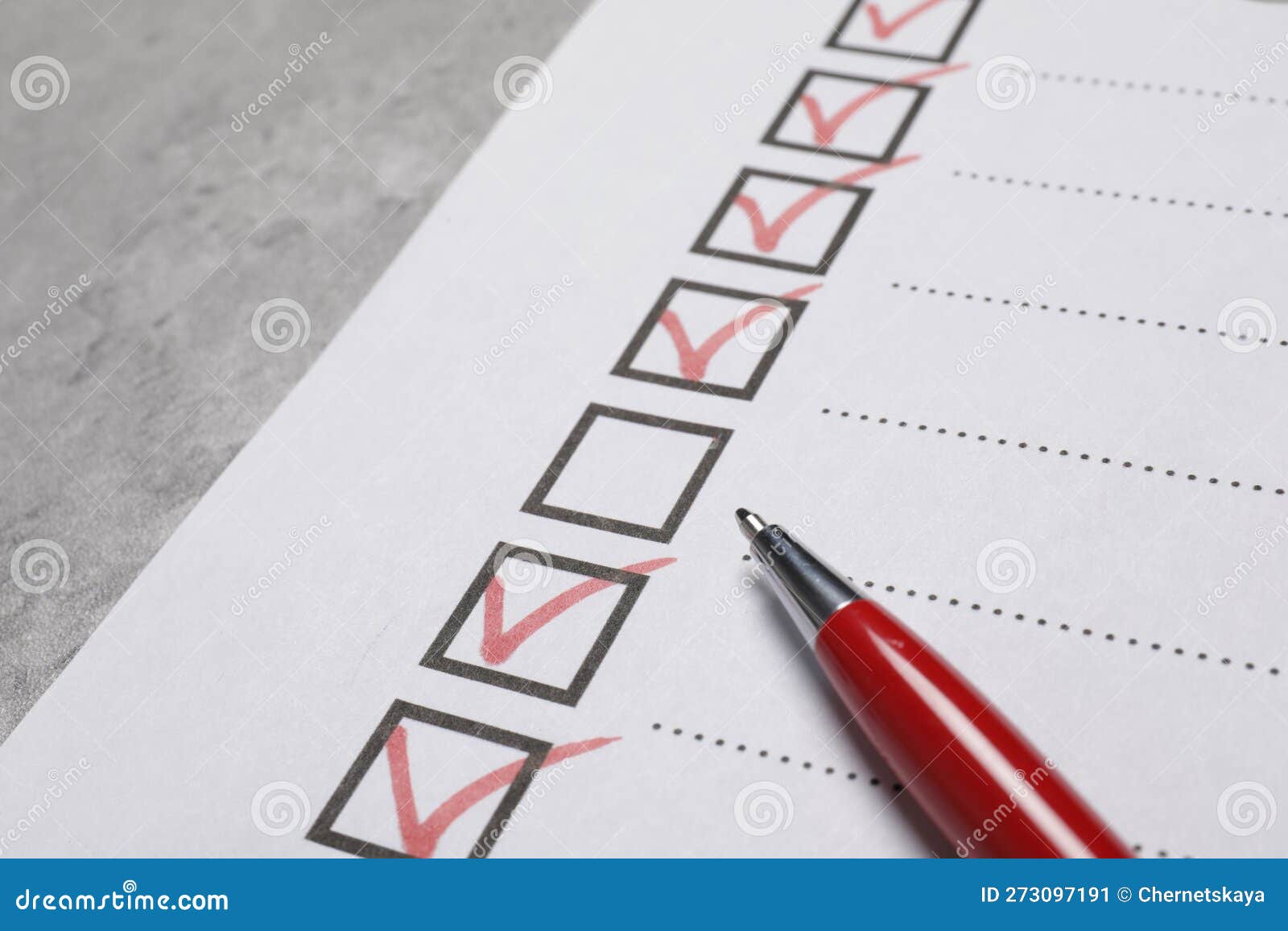 Paper Sheet with Checkboxes and Pen on Light Grey Table, Closeup ...
