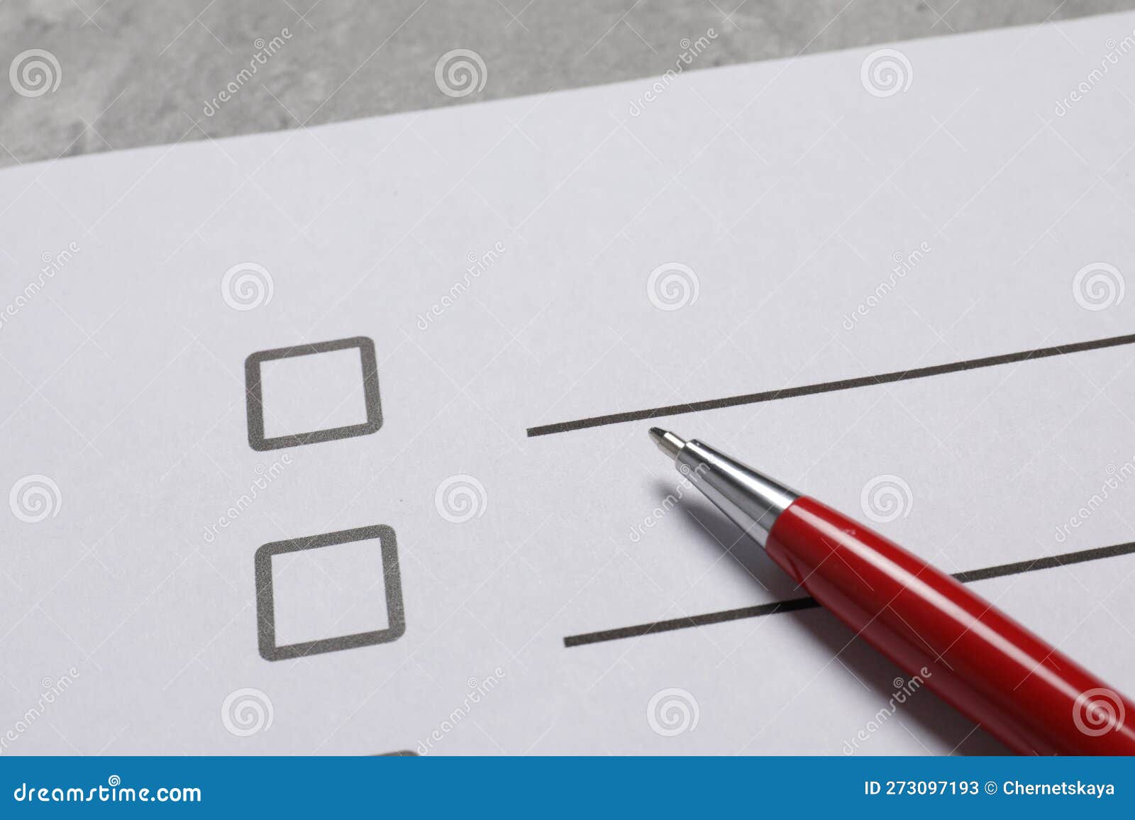 Paper Sheet with Checkboxes and Pen on Light Grey Table, Closeup ...