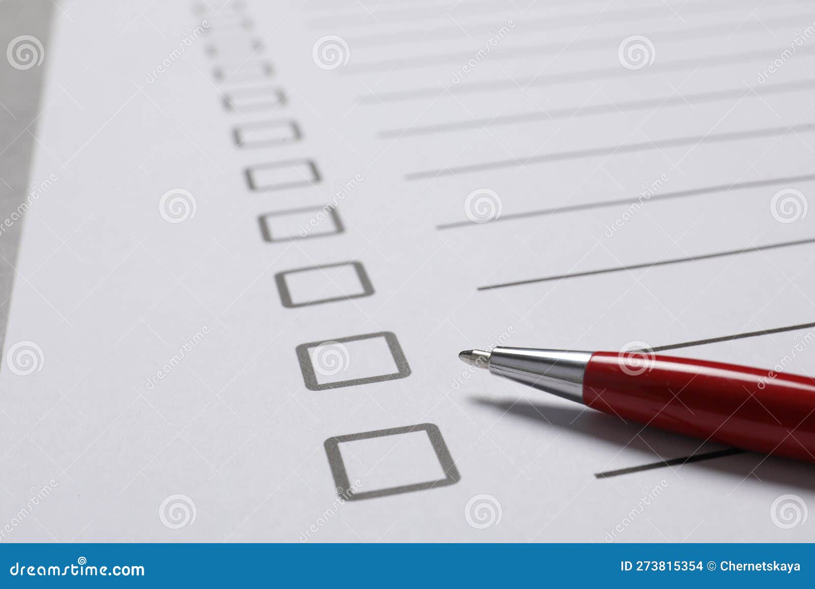 Paper Sheet with Checkboxes and Pen on Light Grey Table, Closeup ...