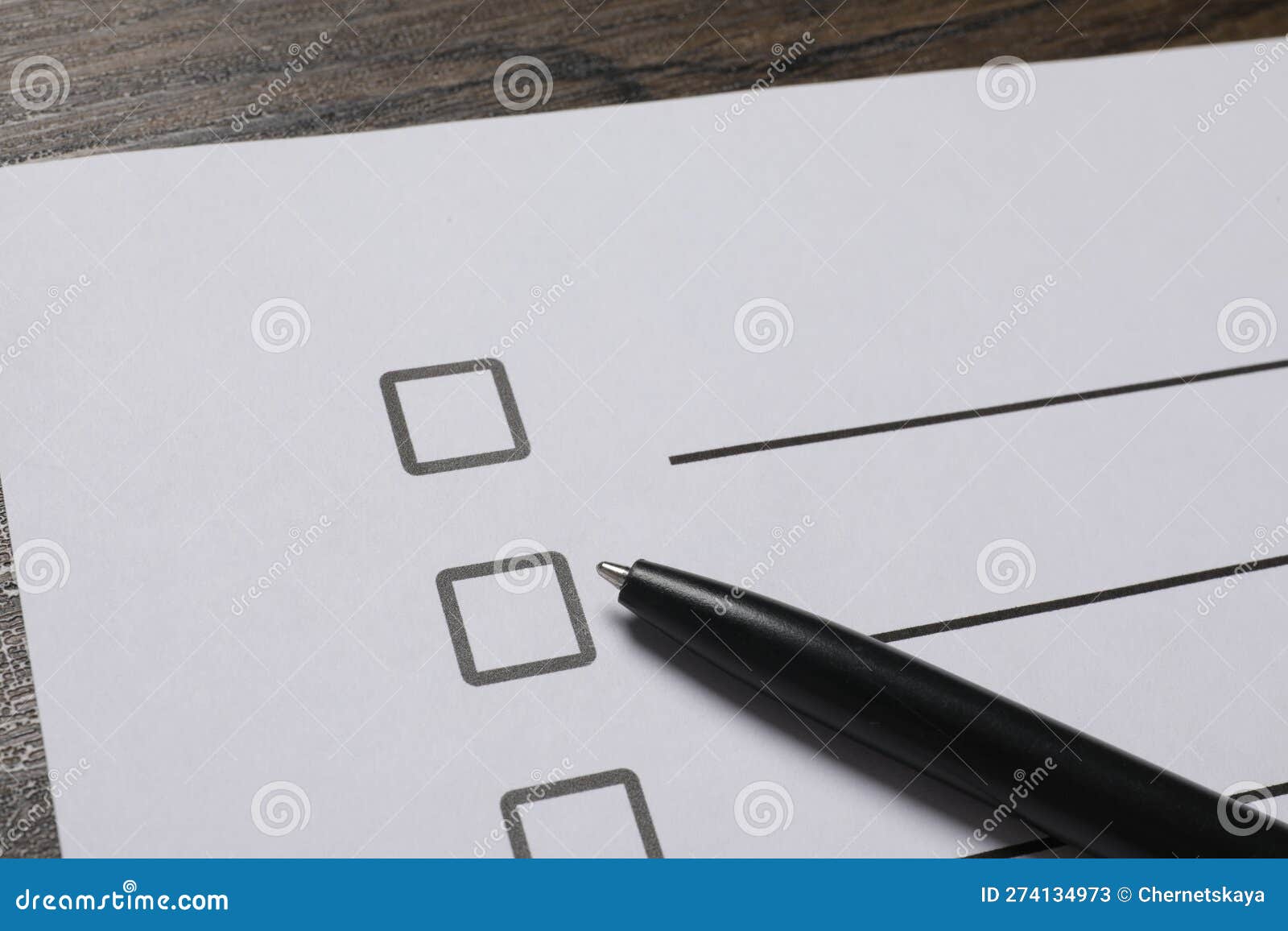Paper Sheet with Checkboxes and Pen on Wooden Table, Closeup. Checklist ...