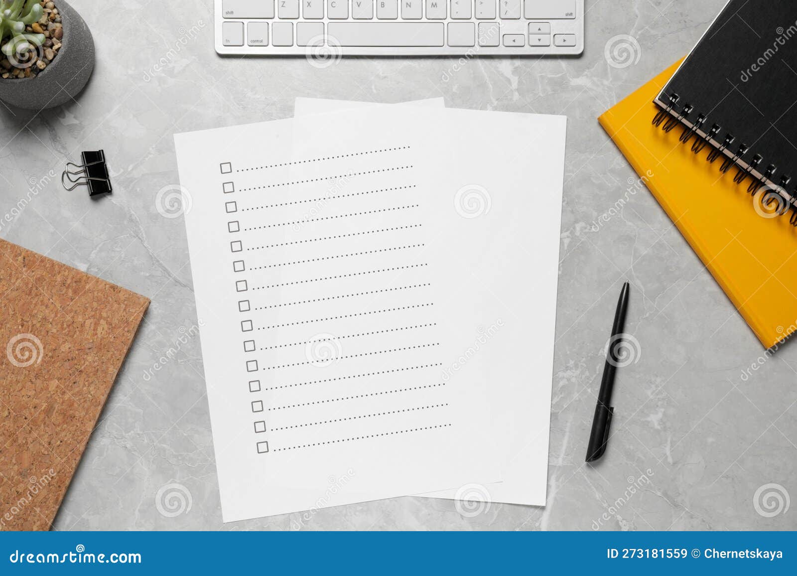 Paper Sheet with Checkboxes Plant and Computer Keyboard on Light Grey ...