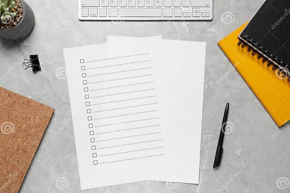 Paper Sheet with Checkboxes Plant and Computer Keyboard on Light Grey ...