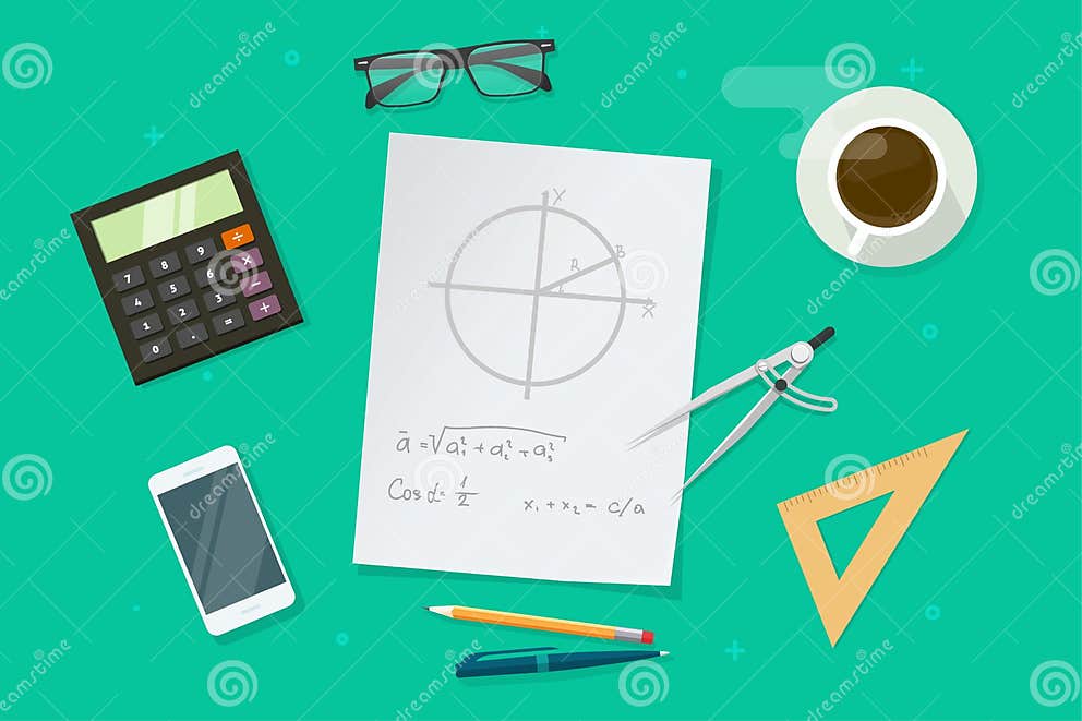Paper Sheet with Geometry Math Formulas and Drawing Graphs, Ruler, Pen ...