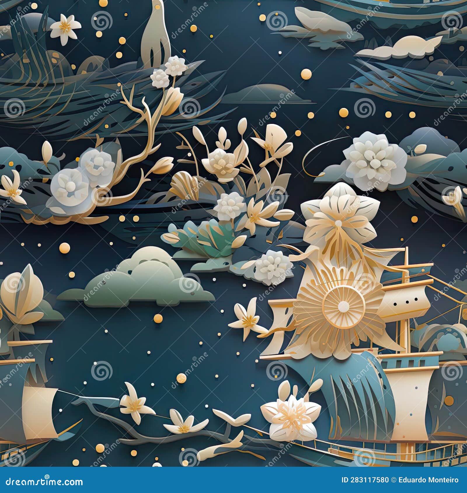 Paper Ship with Flowers Floating in the Sky (tiled) Stock Illustration ...