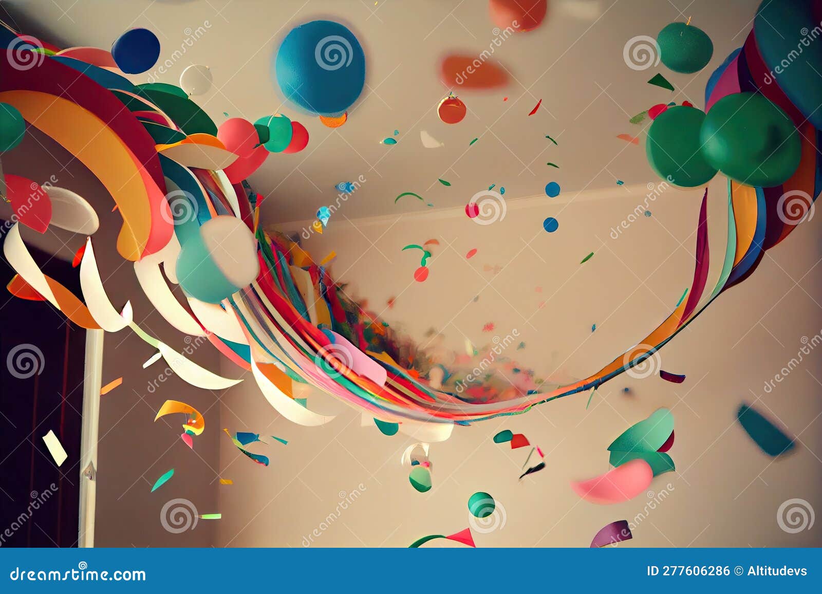 Paper Streamer Hanging from Ceiling, with Balloons and Confetti for a ...