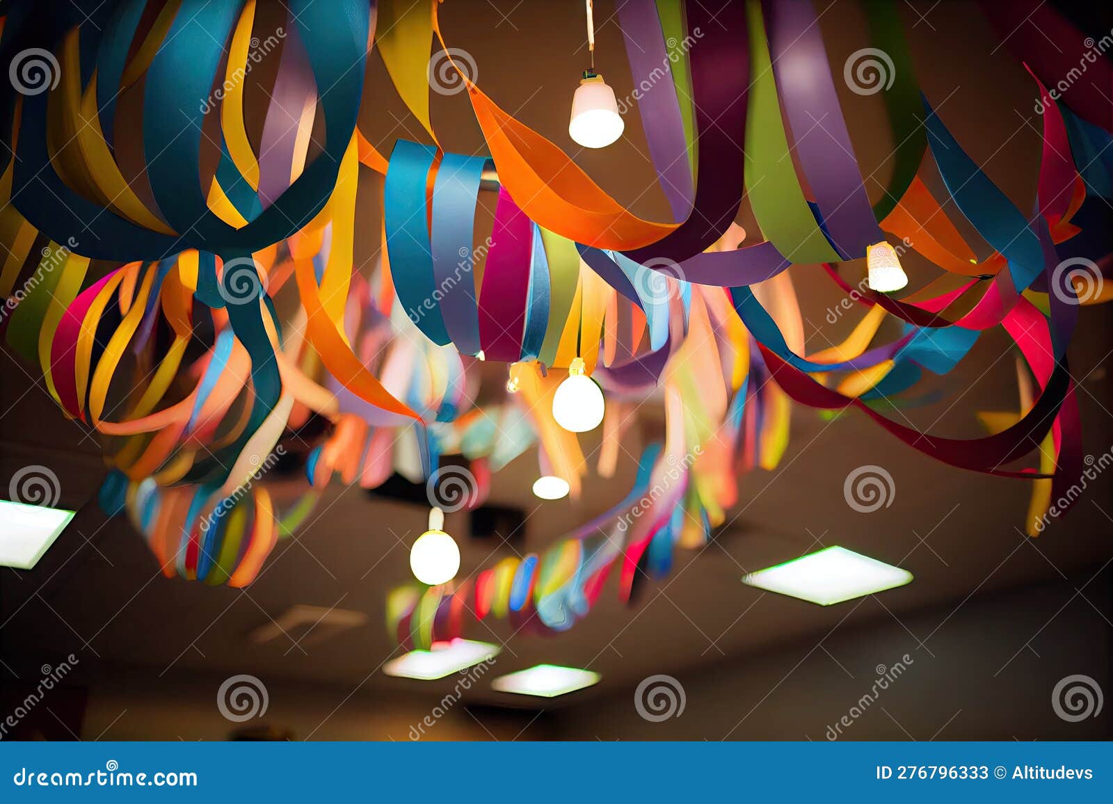 Paper Streamer Hanging from Ceiling, with Colorful Lights and Lanterns ...
