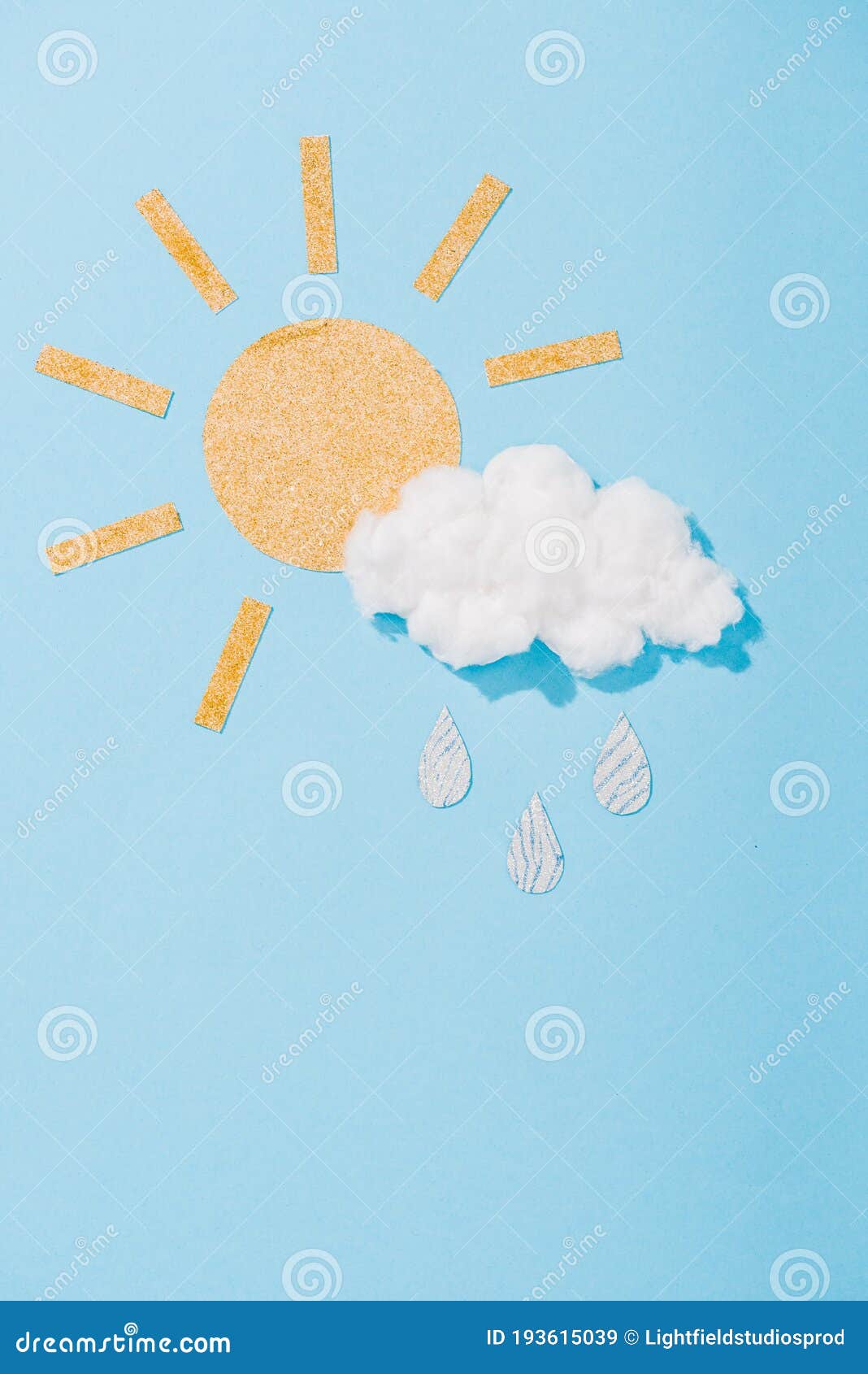 Paper Sun and Cotton Candy Cloud with Glitter Raindrops Stock Image ...