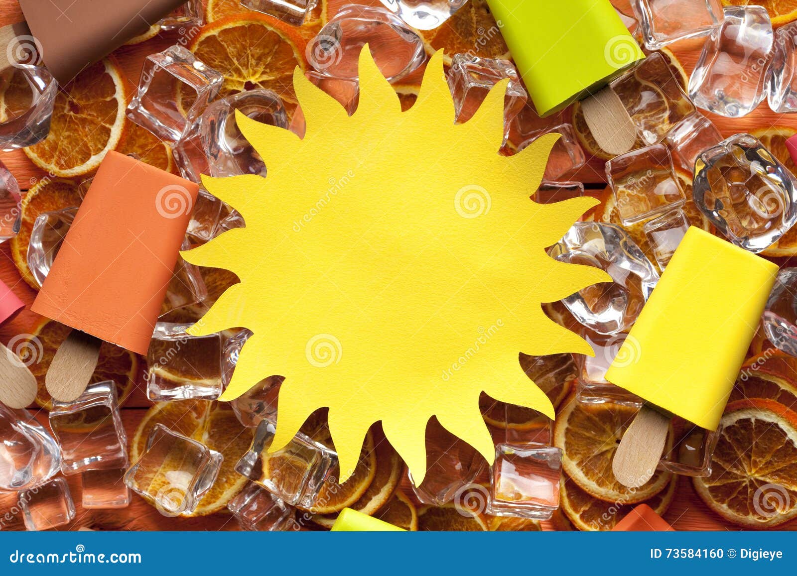 Paper Sun, Ice Lollies and Ice Cubes Stock Photo - Image of brown, wood ...