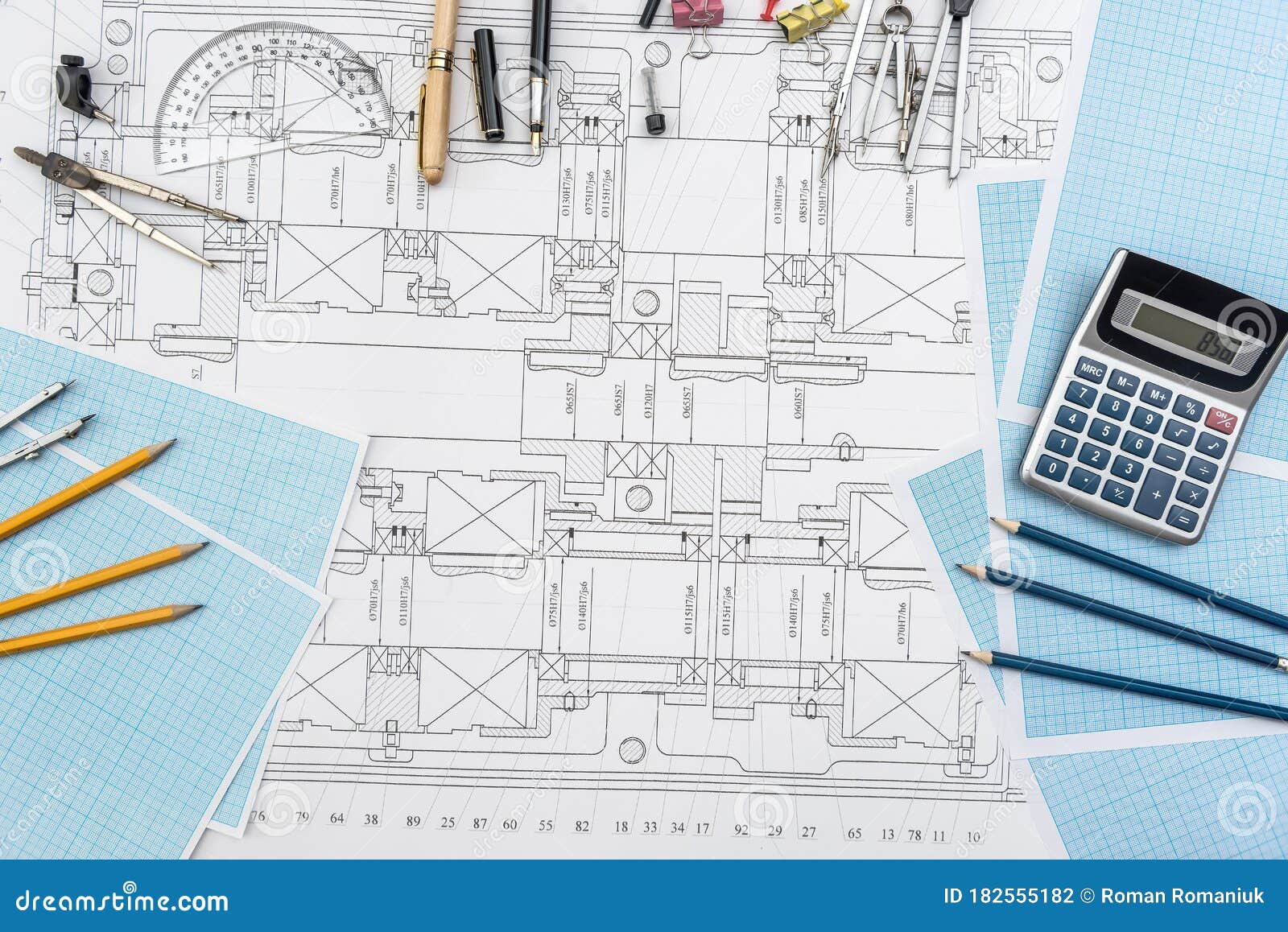 Paper with Technical Drawings and Work Tool on Table. Place of Work ...