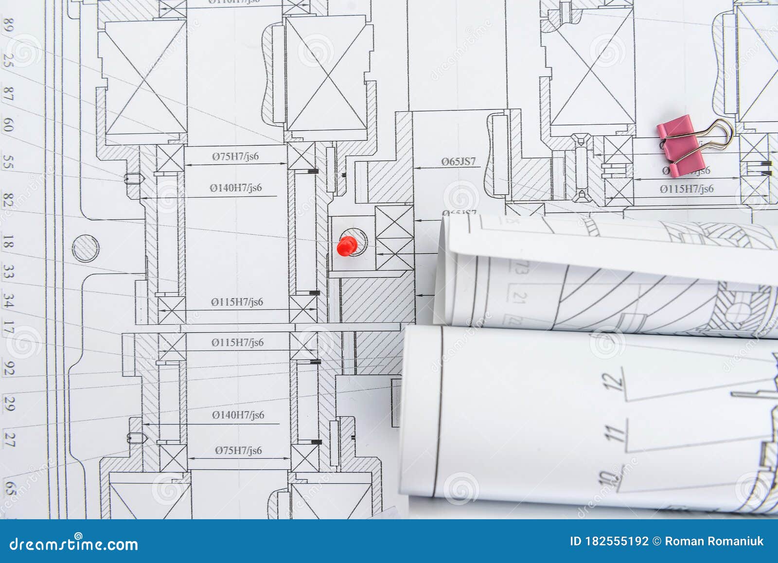 Paper with Technical Drawings and Work Tool on Table. Place of Work ...