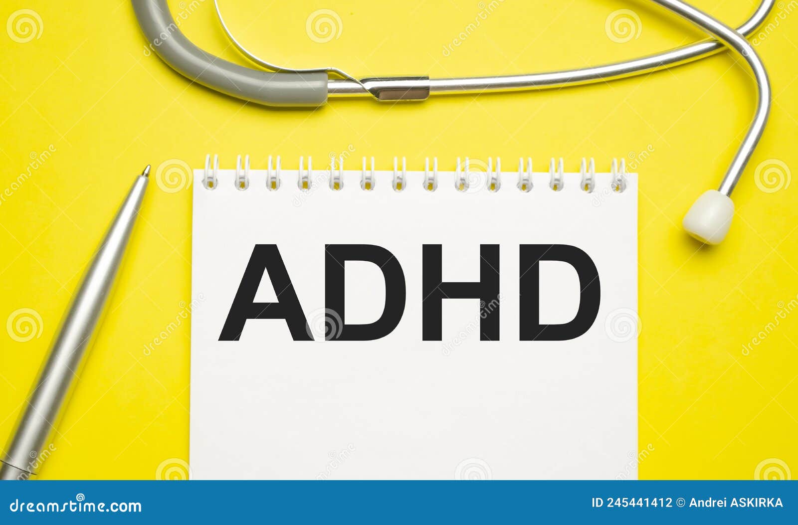 Paper with Text ADHD on Blue Background with Stethoscope and Pills ...