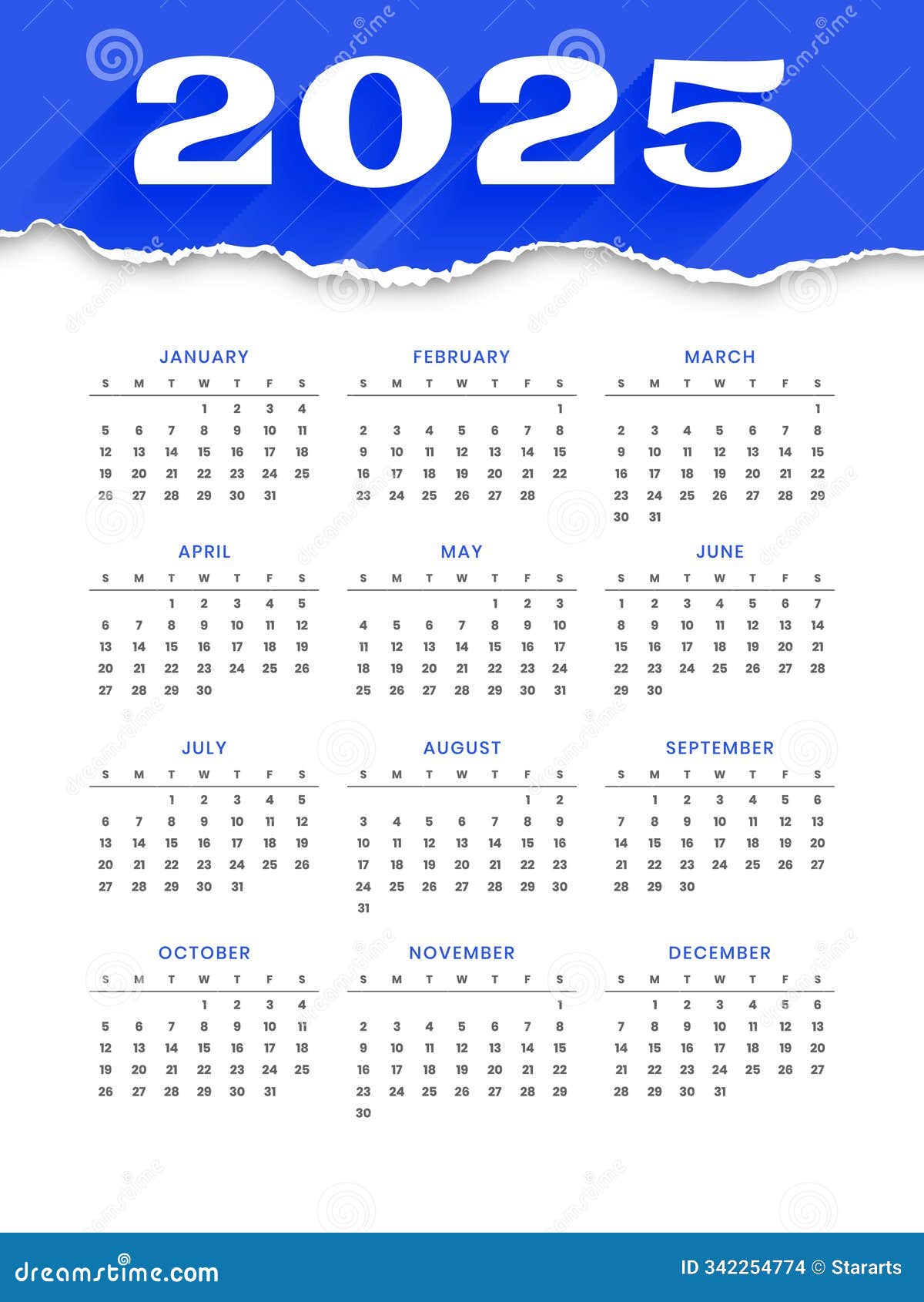 Paper Torn Printable 2025 Annual Calendar Template Stock Illustration ...