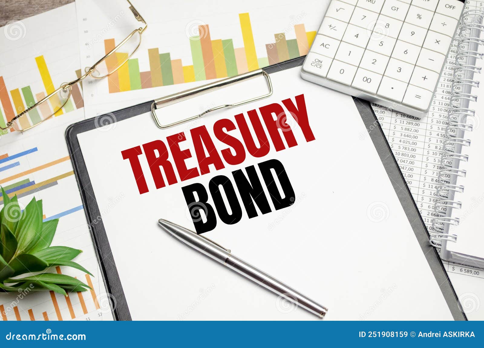 Paper with Treasury Bonds on a Table with Charts, Glasses and Pen Stock ...
