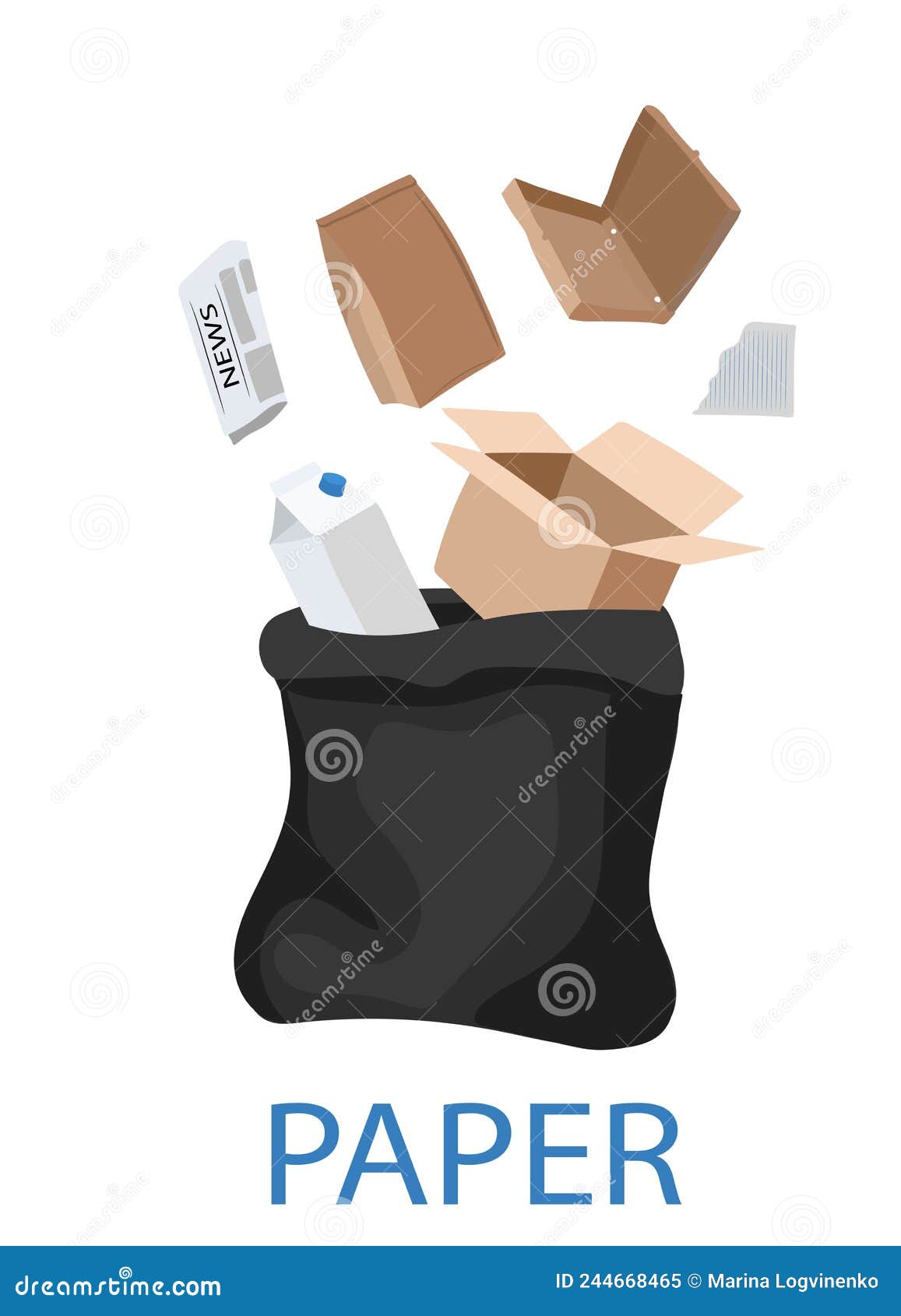 Paper Waste and Garbage. Hand-drawn Big Black Plastic Bag with Paper ...