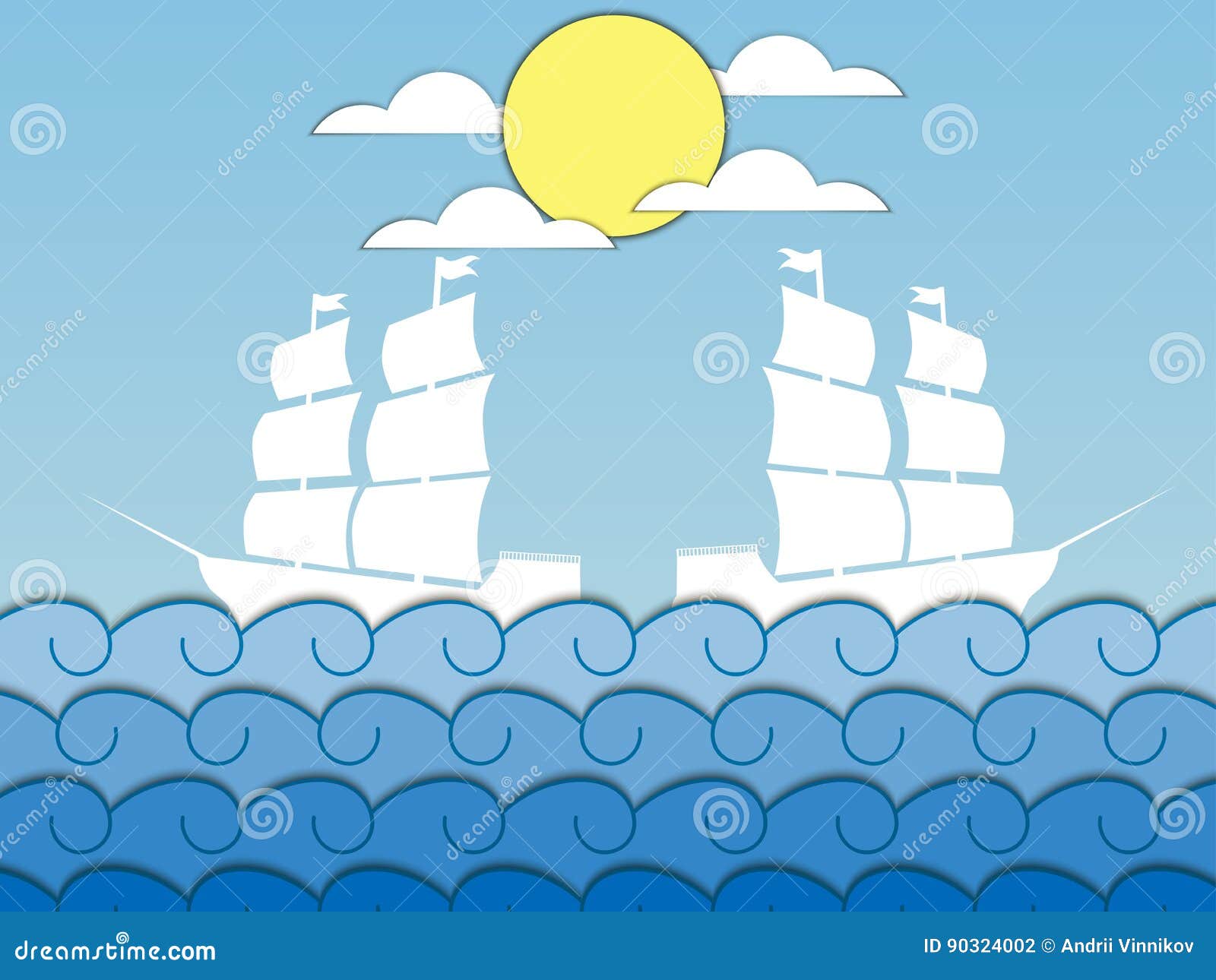 Paper Waves. Ships On The Waves, Sailing Medieval Ship. Seascape ...