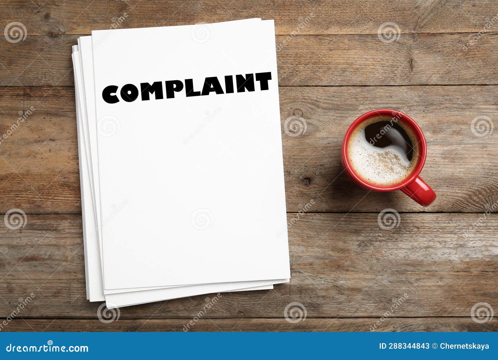 Paper with Word Complaint and Cup of Coffee on Wooden Table, Flat Lay ...