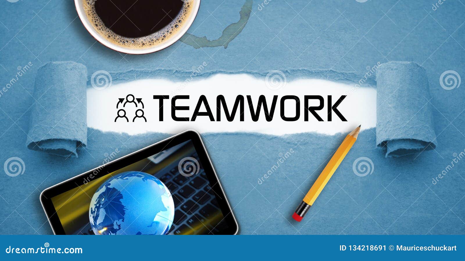 Teamwork Concept with Tablet and a Cup of Coffee Stock Image - Image of ...